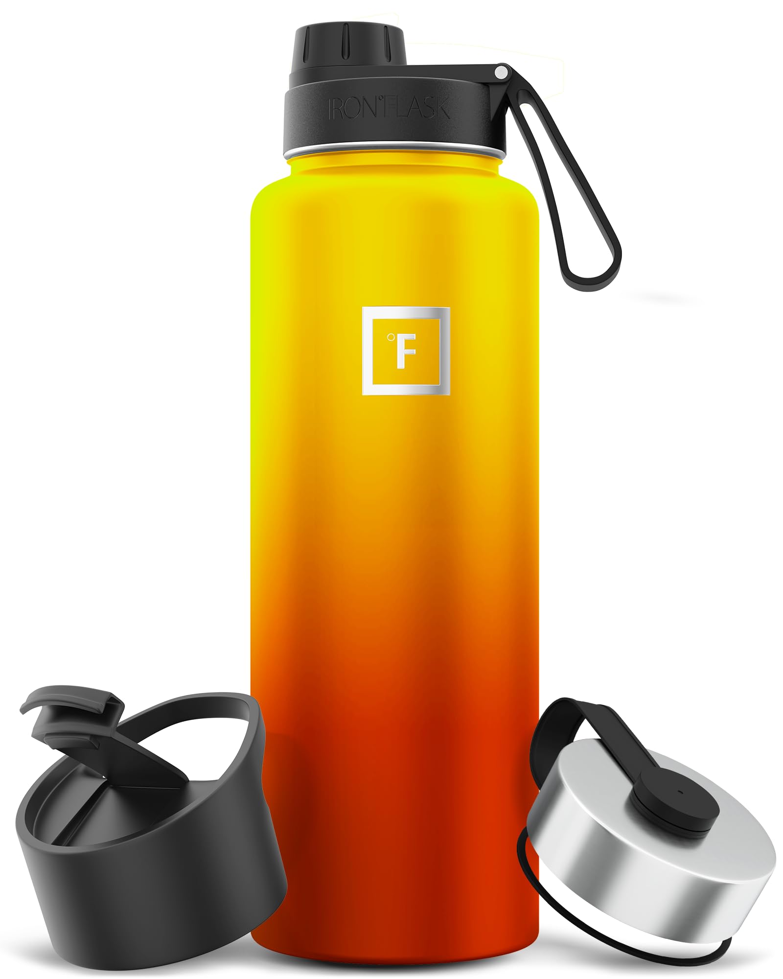 IRON °FLASK Camping & Hiking Hydration Flask with 3 Lids - Stainless Steel, Double Walled & Vacuum Insulated Water Bottle - Leak Proof & BPA Free (Fire, Spout - 40 oz)