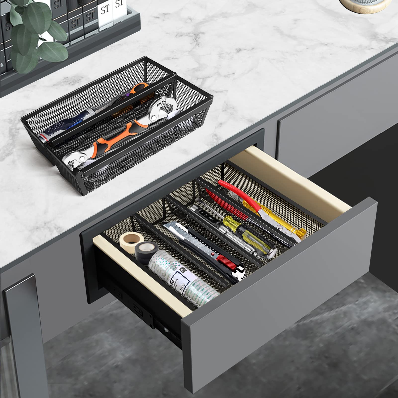 Sisfung Drawer Organizer, Silverware Drawer Organizer for Kitchen, Utensil Mesh Drawer Organizer with Interlocking Arm for Flatware, Knives, Pen, Cosmetic (9 * 3 * 2 inch, 6-Pack)