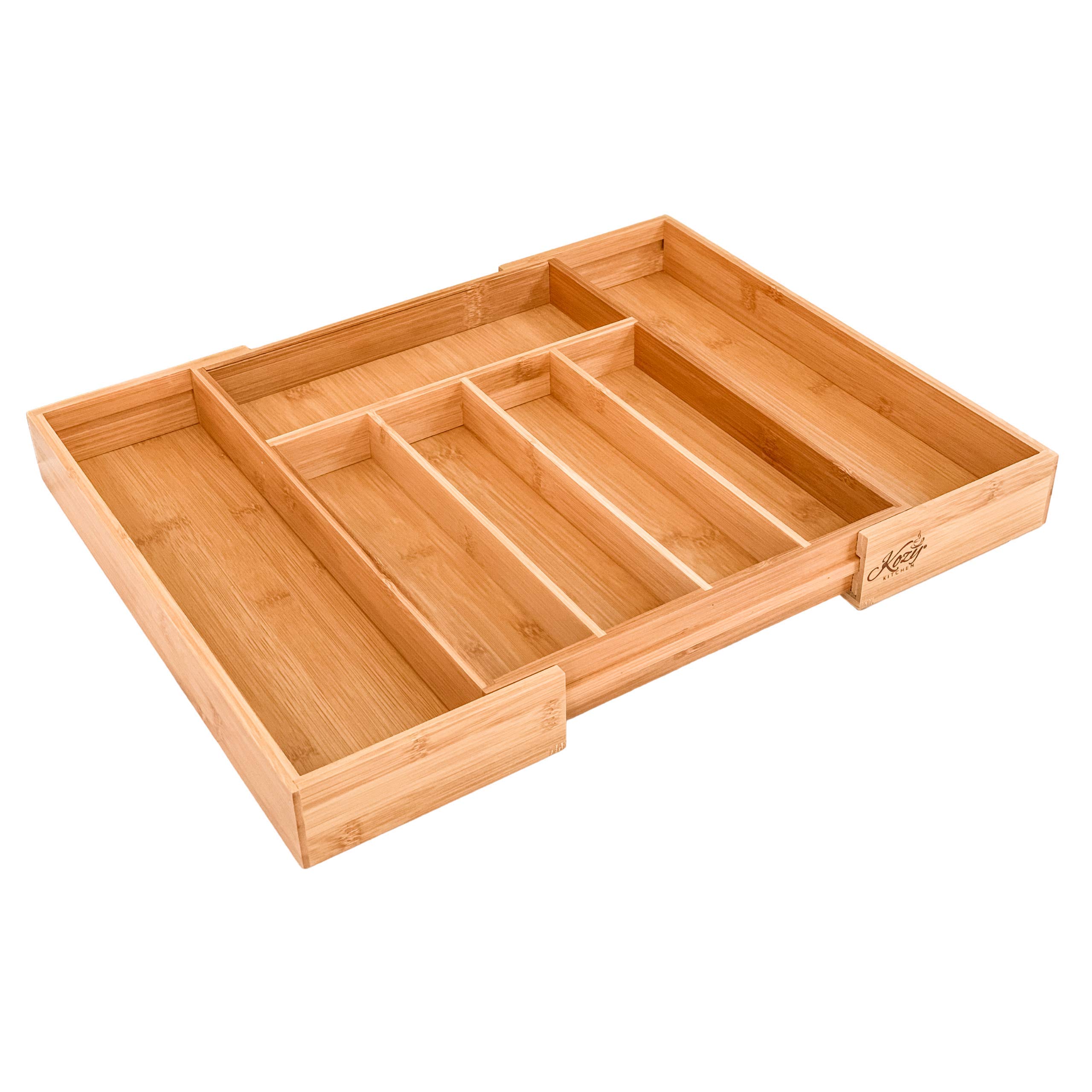 Expandable Drawer Organizer By Kozy Kitchen| 100% Organic Bamboo| Premium Cutlery and Utensil Tray| Perfect For The Kitchen, Bathroom, Desk, etc.| Adjustable Kitchen Drawer Divider with 7 Compartments