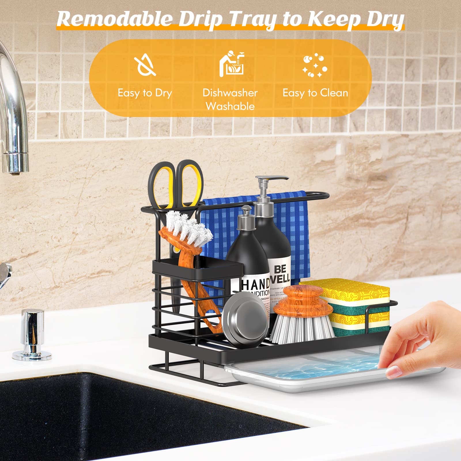 Utobao Kitchen Sink Organizer,Sponge Holder for Kitchen Sink, Rustproof Stainless Steel Sink Caddy Organizer,Soap Brush Holder with Drain Tray for Countertop,Kitchen Accessories-Black