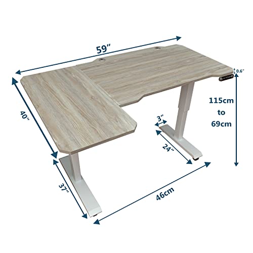 bilbil 59 Inches L-Shaped Height Adjustable Electric Standing Desk, Sit to Stand Desk Home Office Computer Desk with Lockable Casters, Oak Top, White Frame