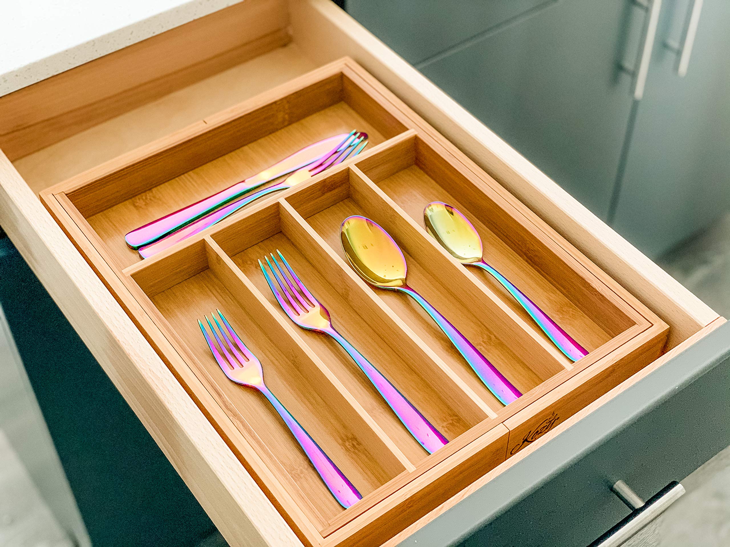 Expandable Drawer Organizer By Kozy Kitchen| 100% Organic Bamboo| Premium Cutlery and Utensil Tray| Perfect For The Kitchen, Bathroom, Desk, etc.| Adjustable Kitchen Drawer Divider with 7 Compartments