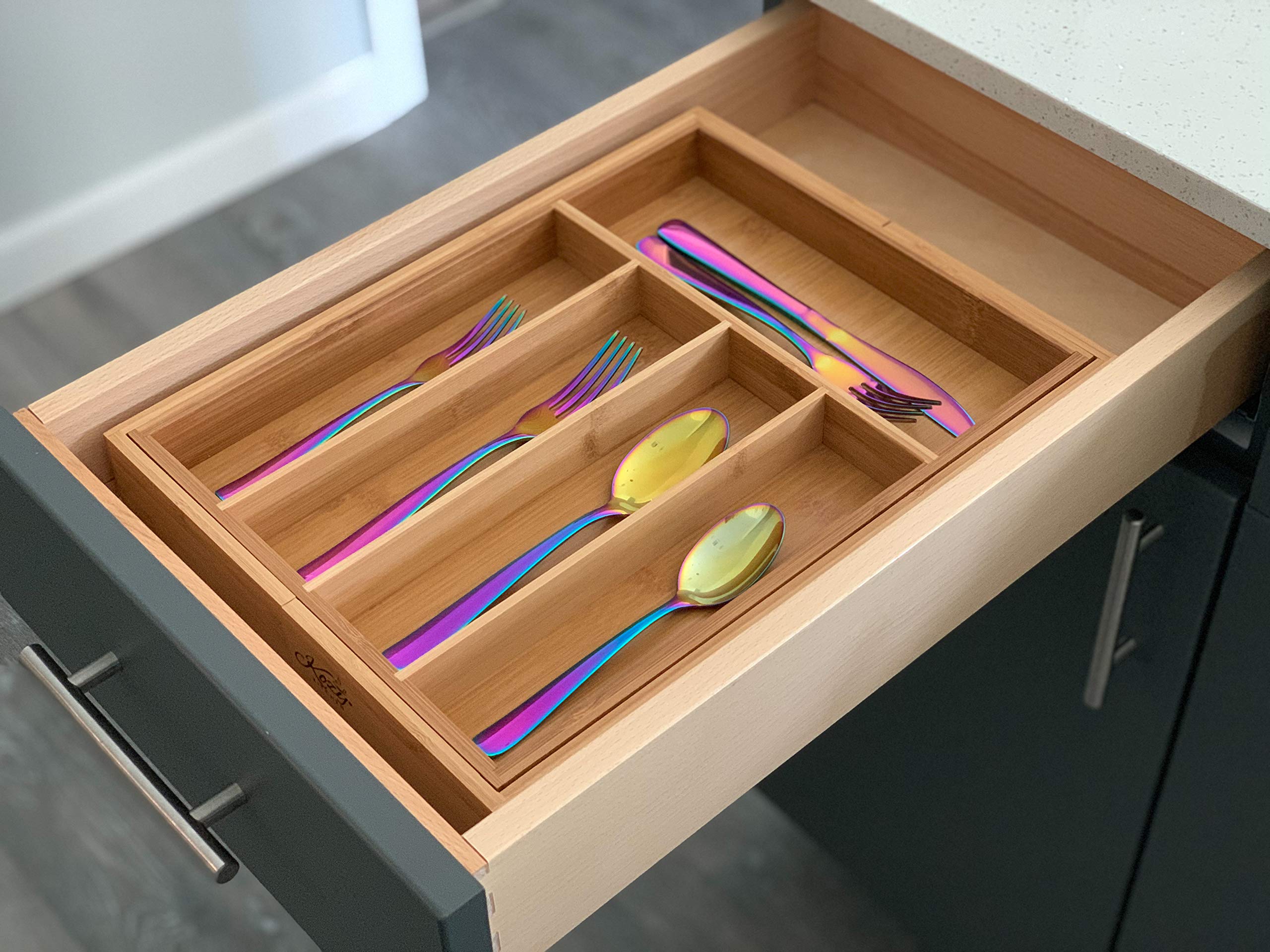 Expandable Drawer Organizer By Kozy Kitchen| 100% Organic Bamboo| Premium Cutlery and Utensil Tray| Perfect For The Kitchen, Bathroom, Desk, etc.| Adjustable Kitchen Drawer Divider with 7 Compartments