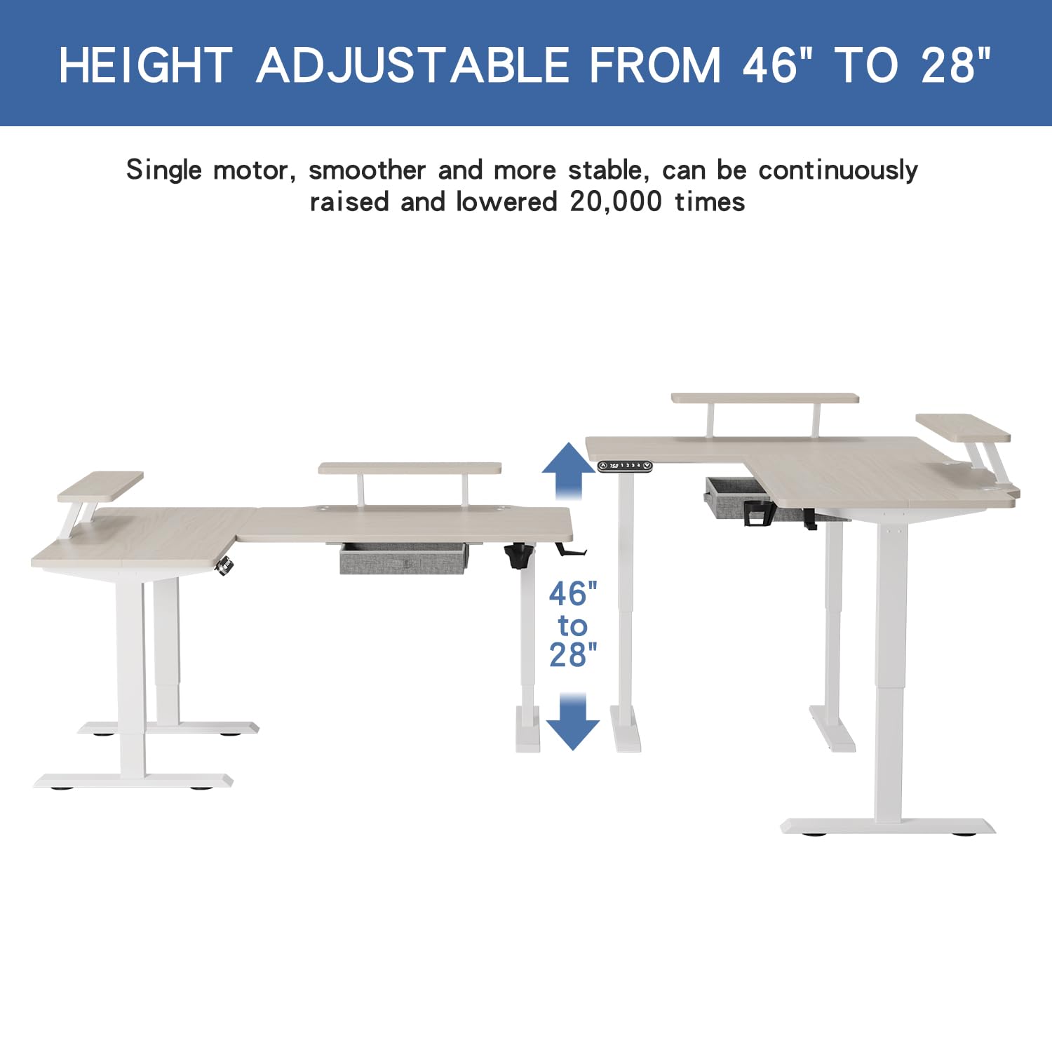 bilbil L Shaped Electric Standing Desk with Drawer, 62x47 Inches Adjustable Height Sit Stand Up Desk with Storage Shelf, Pale Pearwood Top/White Frame