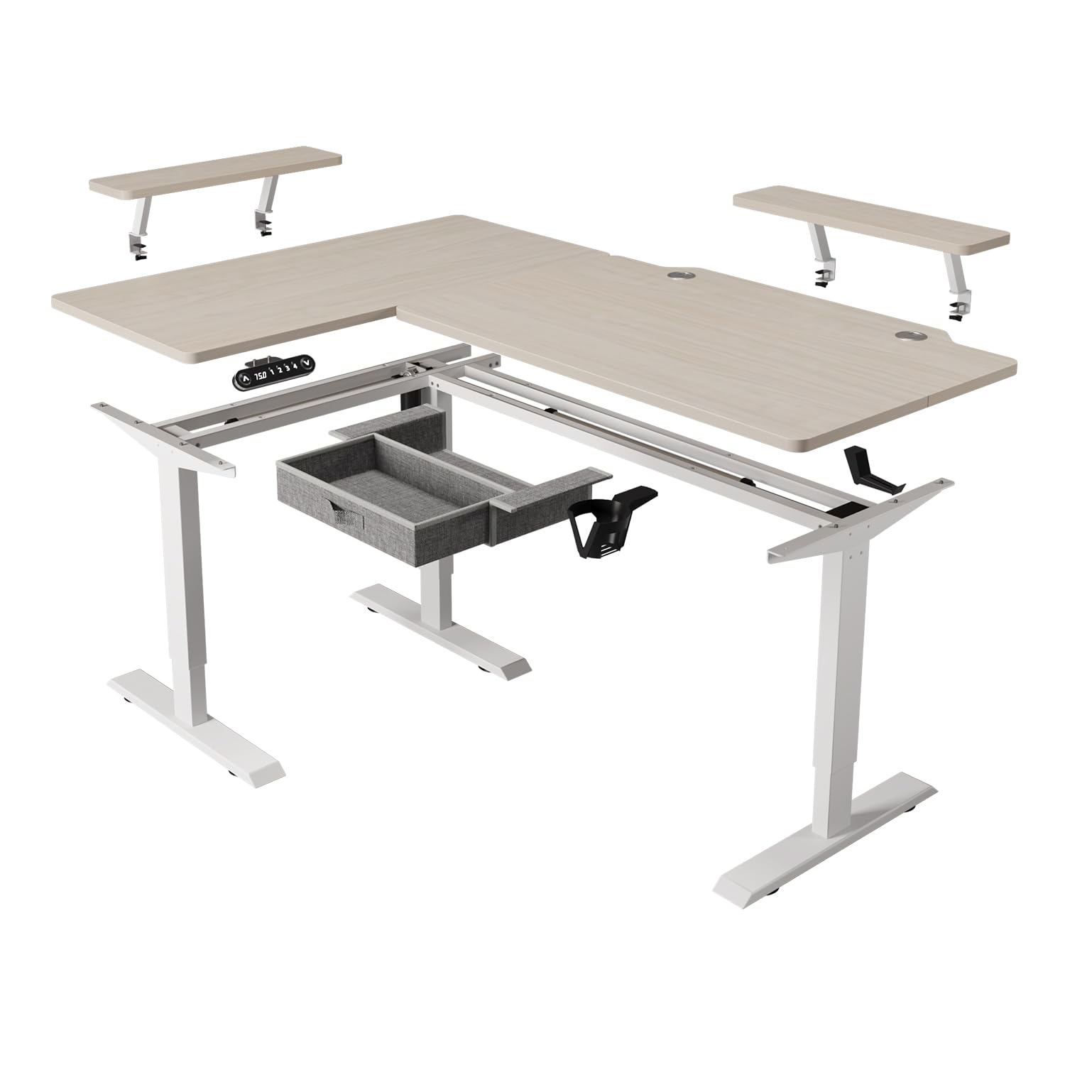bilbil L Shaped Electric Standing Desk with Drawer, 62x47 Inches Adjustable Height Sit Stand Up Desk with Storage Shelf, Pale Pearwood Top/White Frame