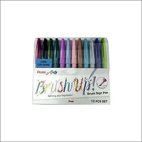 Pentel Arts Sign Pen Touch, Fude Brush Tip, 12 Assorted Colors in Marker Stand (SES15CPC12)