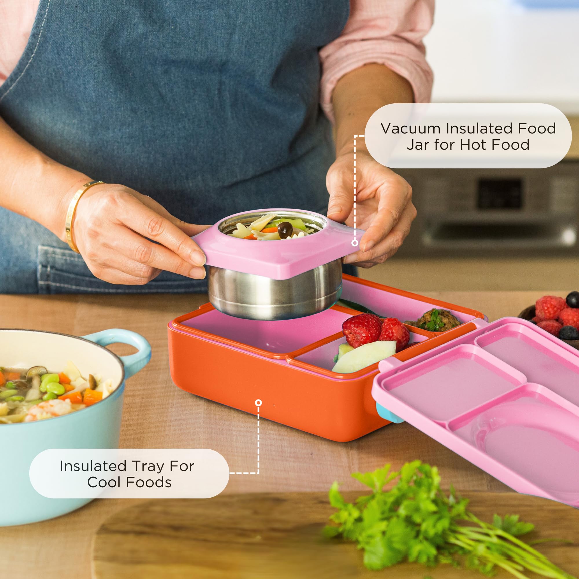 OmieBox Bento Box for Kids - Insulated Lunch Box with Leak Proof Thermos Food Jar - 3 Compartments, Two Temperature Zones (Single) (Packaging May Vary)