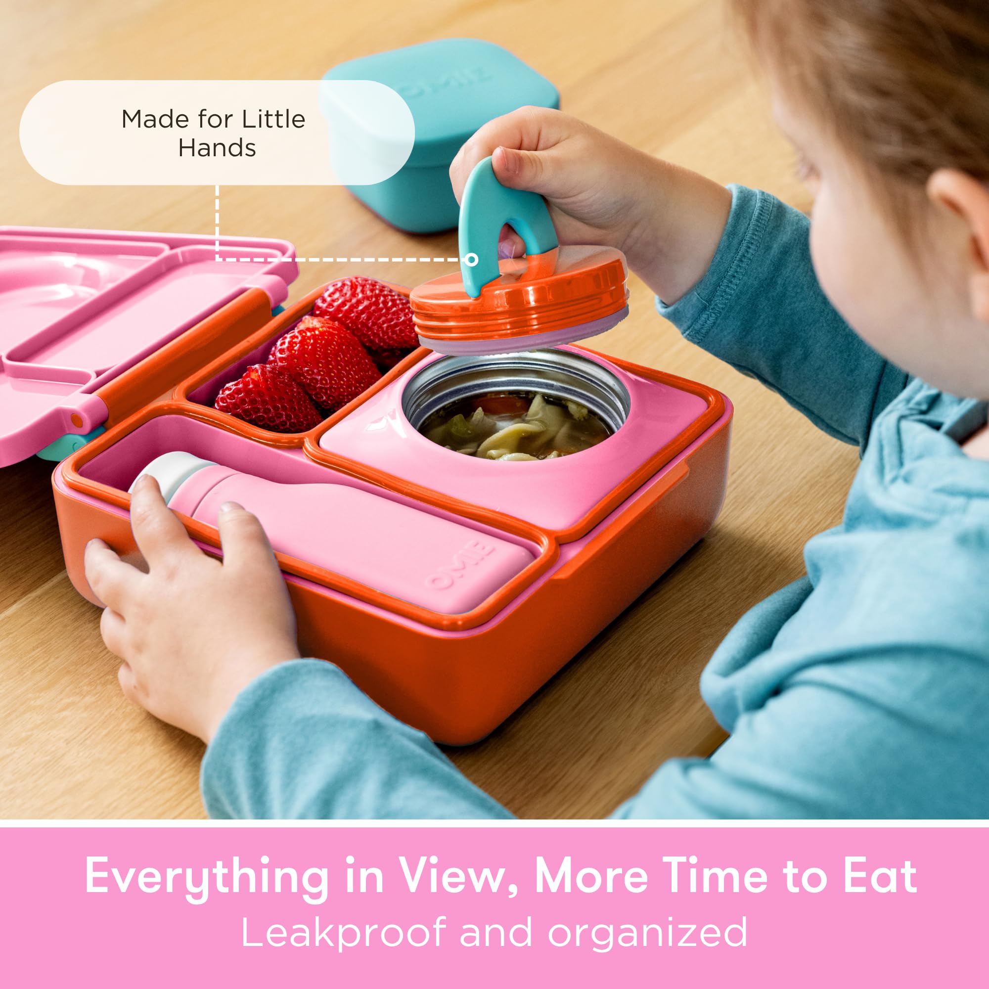 OmieBox Bento Box for Kids - Insulated Lunch Box with Leak Proof Thermos Food Jar - 3 Compartments, Two Temperature Zones (Single) (Packaging May Vary)