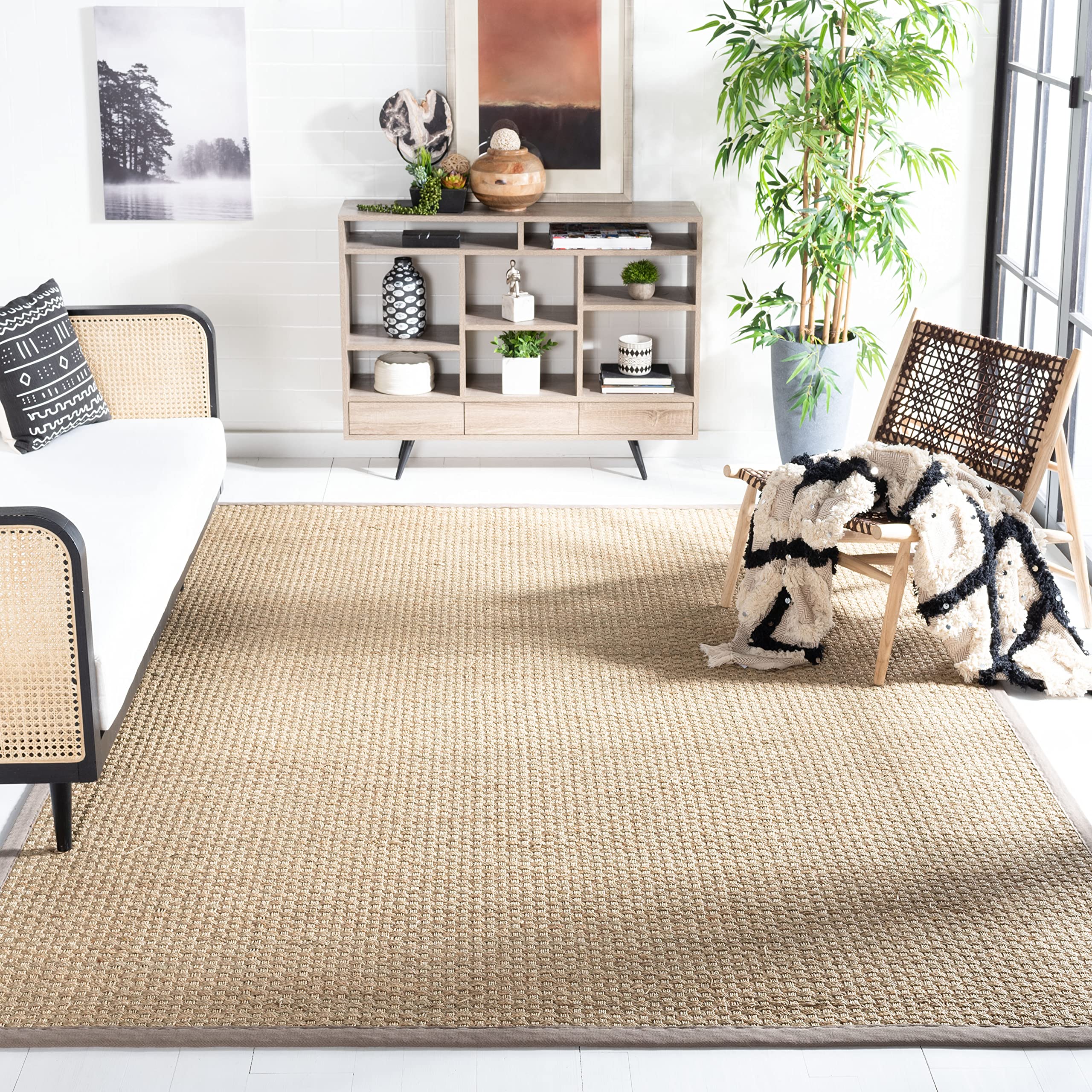 SAFAVIEH Natural Fiber Collection X-Large Area Rug - 11' x 15', Natural & Grey, Border Basketweave Seagrass Design, Easy Care, Ideal for High Traffic Areas in Living Room, Bedroom (NF114P)