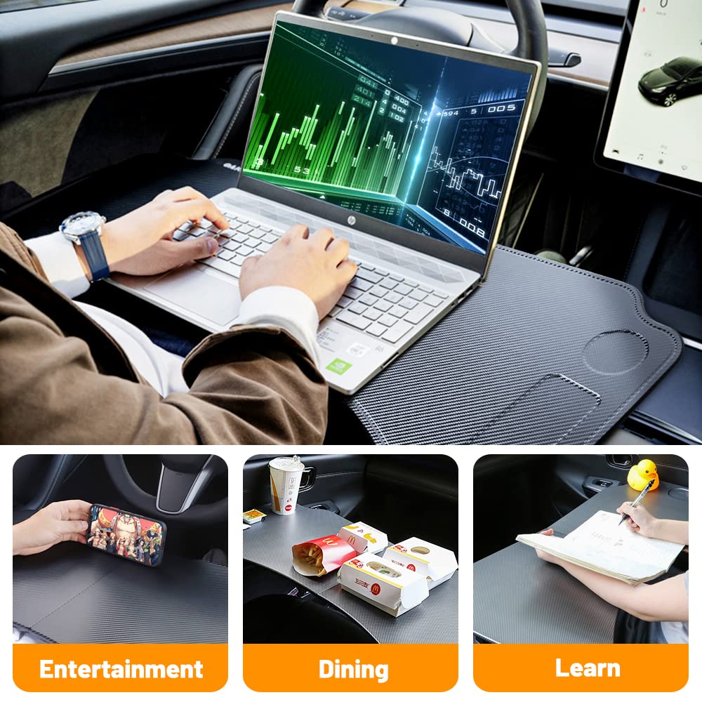 FURYENGRAVER Big Space Desk for Tesla Model Y Model 3 Tray for Eating Laptop iPad or Notebook Tesla Model Y Model 3 Accessories Carbon Fiber Texture