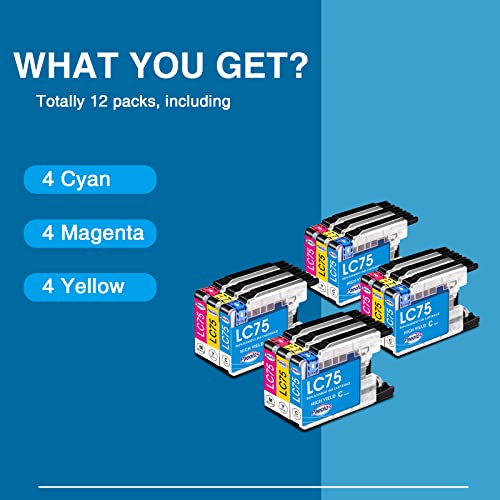 Paeolos Compatible Ink Cartridge Replacement for Brother LC75 LC71 LC79 XL for MFC-J6510DW MFC-J6710DW MFC-J6910DW MFC-J280W MFC-J425W (4 Cyan, 4 Magenta, 4 Yellow, 12 Packs)