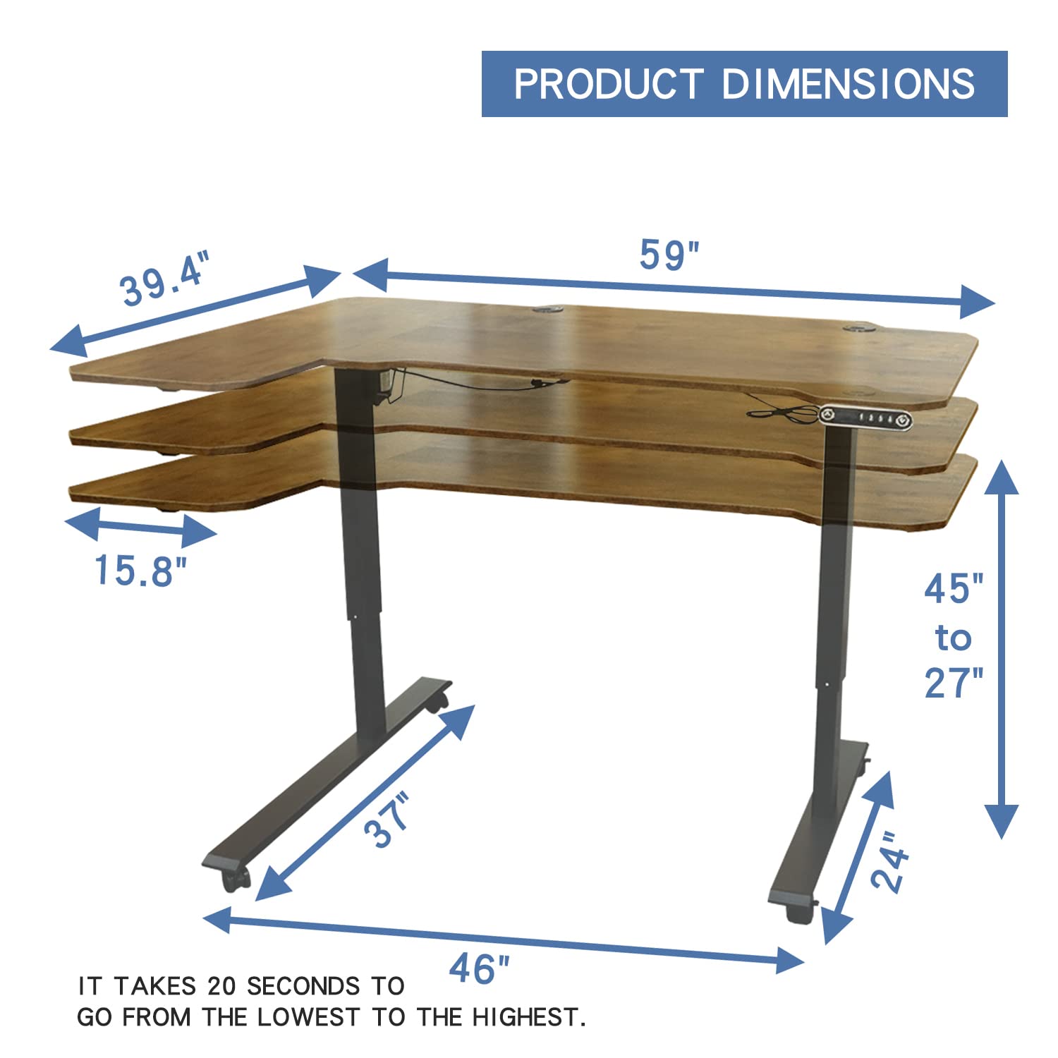bilbil L-Shaped Electric Height Adjustable Standing Desk 59 Inches, Stand Up Rising Table for Home Office with Splice Board, Black Frame and Rustic Brown Top