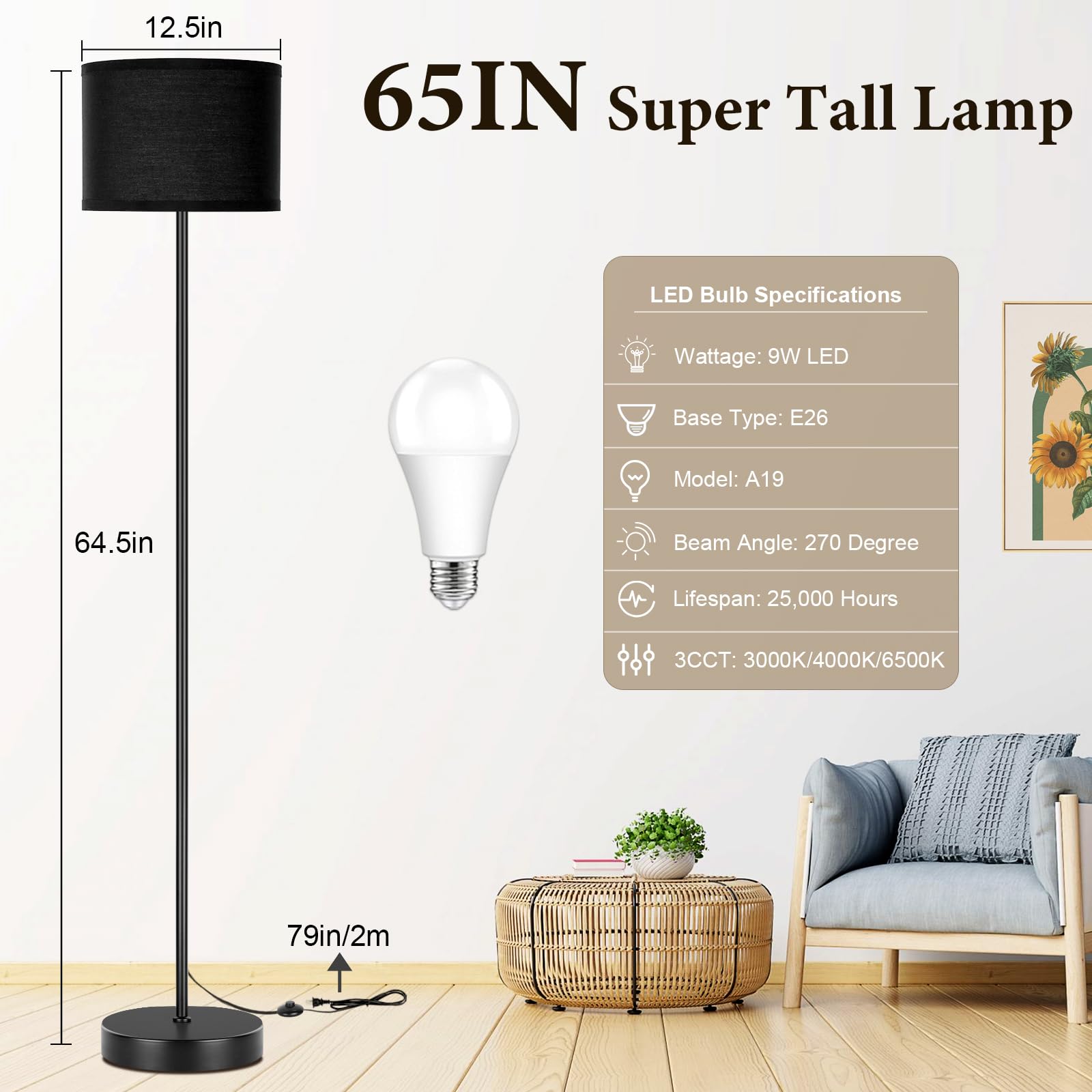 LED Floor Lamp Simple Design, Modern Standing Lamp with Shade,Tall Lamp for Living Room Bedroom Office Study Room, Black Pole Lights with Foot Switch, White Stand Up Lamp Fabric, E26 Base