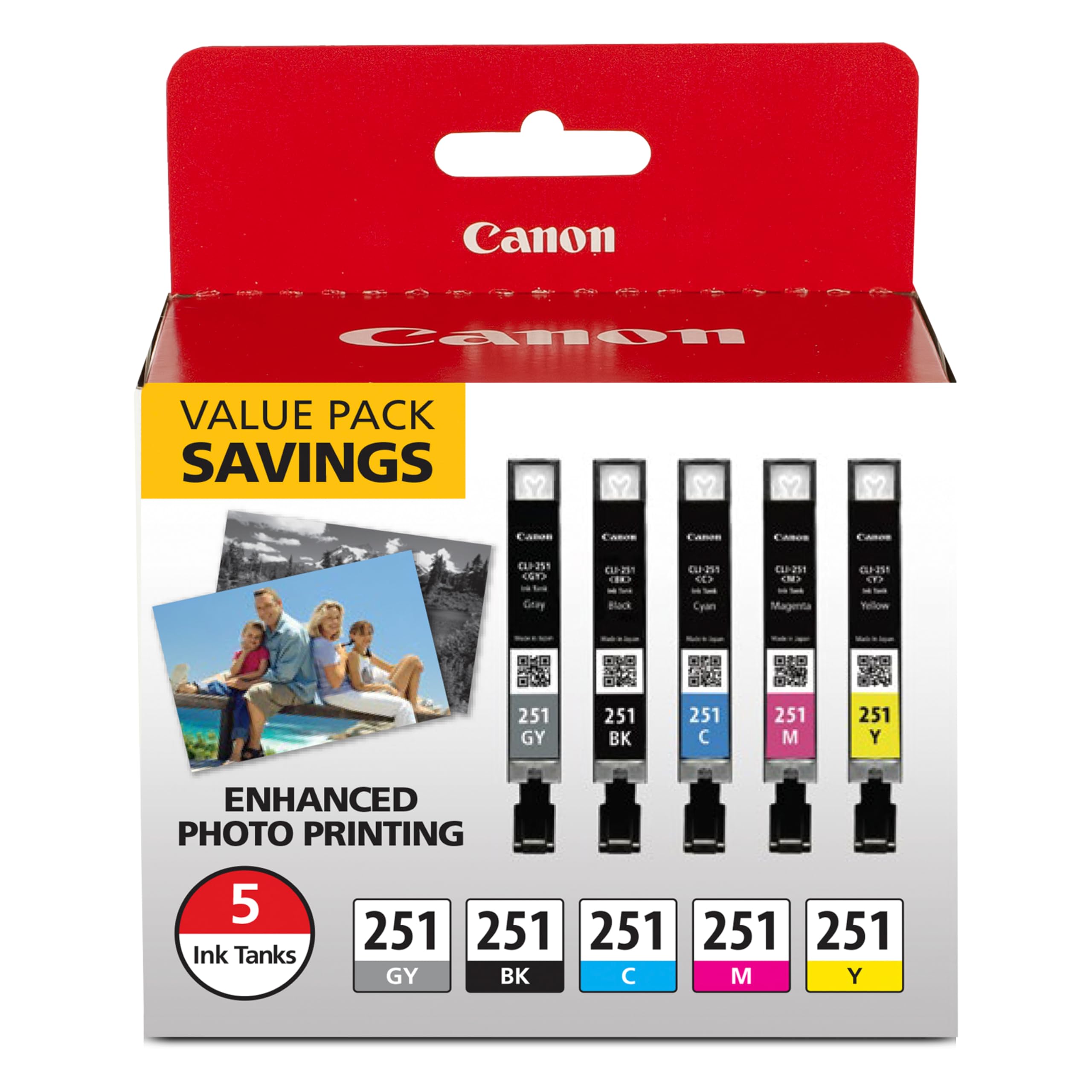 Canon CLI-251 BK/C/M/Y/GY 5 Color Value Pack Compatible to MG7520, MG5620, MG6620