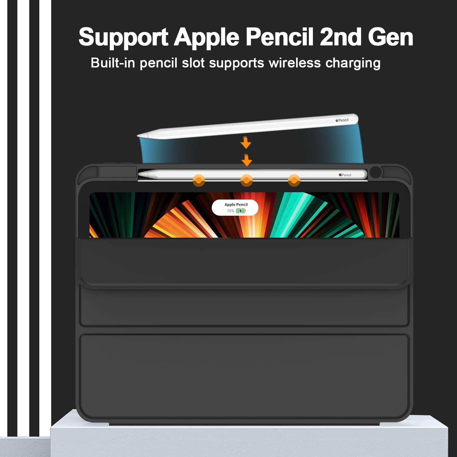 ZryXal New iPad Pro 12.9 Inch Case 2022/2021/2020(6th/5th/4th Gen) with Pencil Holder,Smart iPad Case [Support Touch ID and Auto Wake/Sleep] with Auto 2nd Gen Pencil Charging (Black)