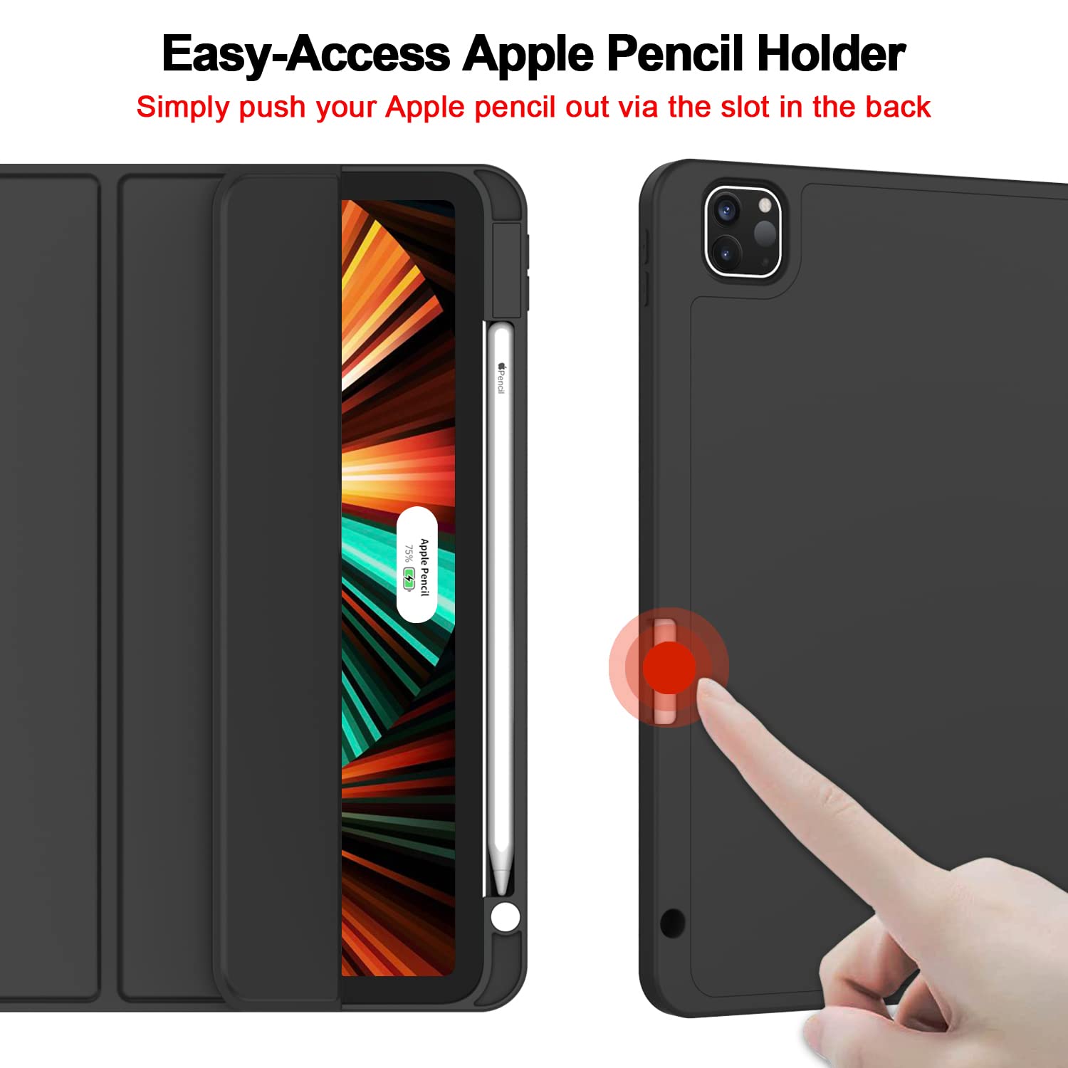 ZryXal New iPad Pro 12.9 Inch Case 2022/2021/2020(6th/5th/4th Gen) with Pencil Holder,Smart iPad Case [Support Touch ID and Auto Wake/Sleep] with Auto 2nd Gen Pencil Charging (Black)