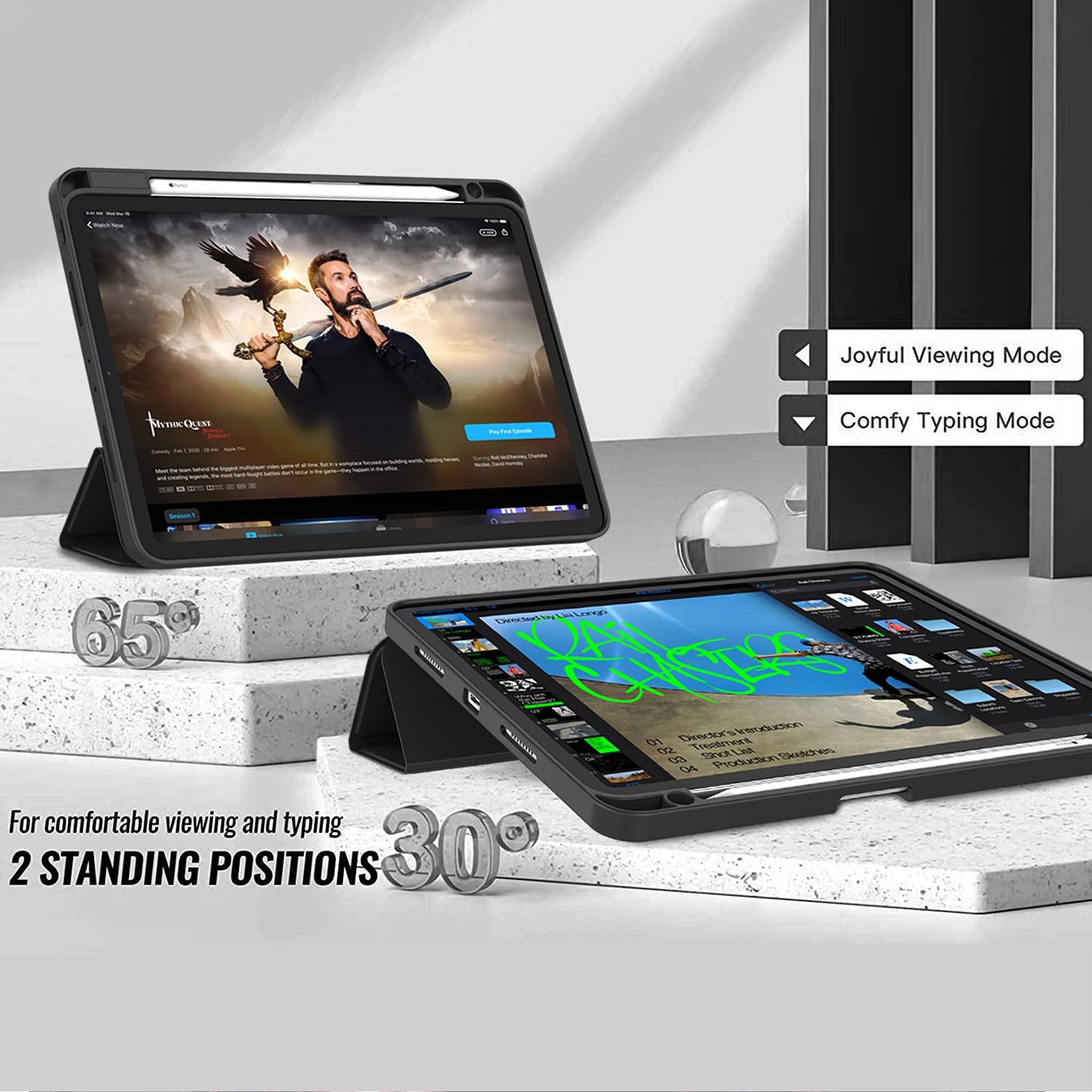 ZryXal New iPad Pro 12.9 Inch Case 2022/2021/2020(6th/5th/4th Gen) with Pencil Holder,Smart iPad Case [Support Touch ID and Auto Wake/Sleep] with Auto 2nd Gen Pencil Charging (Black)