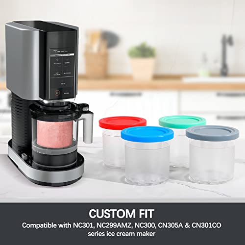 Omnikit Containers Replacement for Ninja Creami Pints and Lids - 4 Pack, 16oz Cups Compatible with NC301 NC300 NC299AMZ Series Ice Cream Maker - Dishwasher Safe, Leak Proof Lids Red/Mint/Grey/Blue
