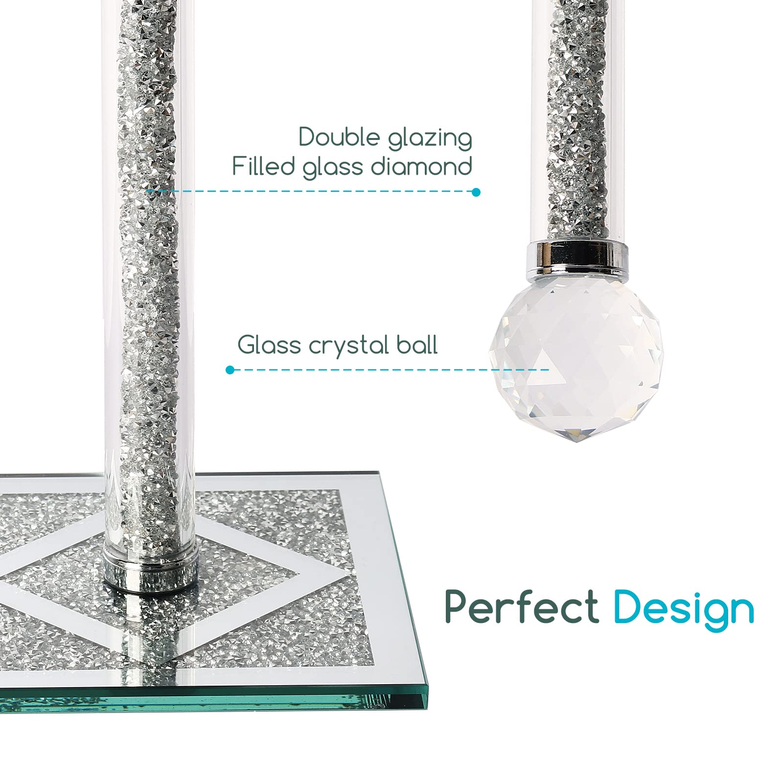 Crystal Paper Towel Holder, 13.3 x 6.3in Countertop Standing Paper Towel Roll Dispenser with Cube Base, Filled with Sparkly Crystal Crushed Diamonds for Home Decor Kitchen Bathroom-Silver