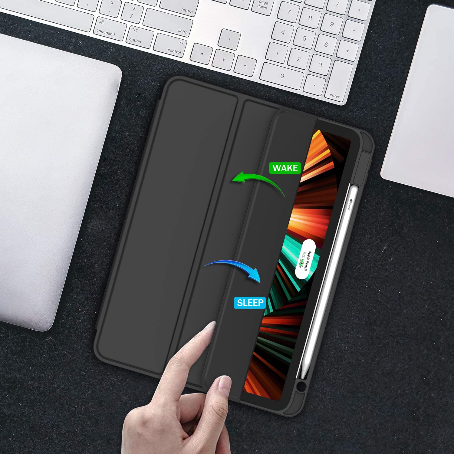 ZryXal New iPad Pro 12.9 Inch Case 2022/2021/2020(6th/5th/4th Gen) with Pencil Holder,Smart iPad Case [Support Touch ID and Auto Wake/Sleep] with Auto 2nd Gen Pencil Charging (Black)