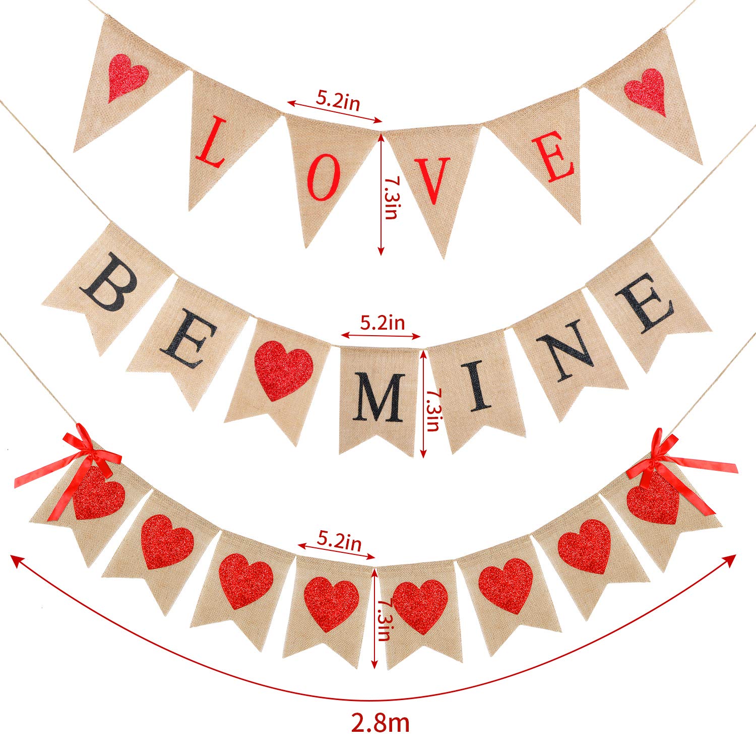 Valentine's Day Burlap Banner Set, Love And Be Mine Banners, Red Glitter Heart Banner Garland, Wedding Banner Set, Rustic Valentines Decor For Wedding Anniversary Engagement Party Decorations Supplies