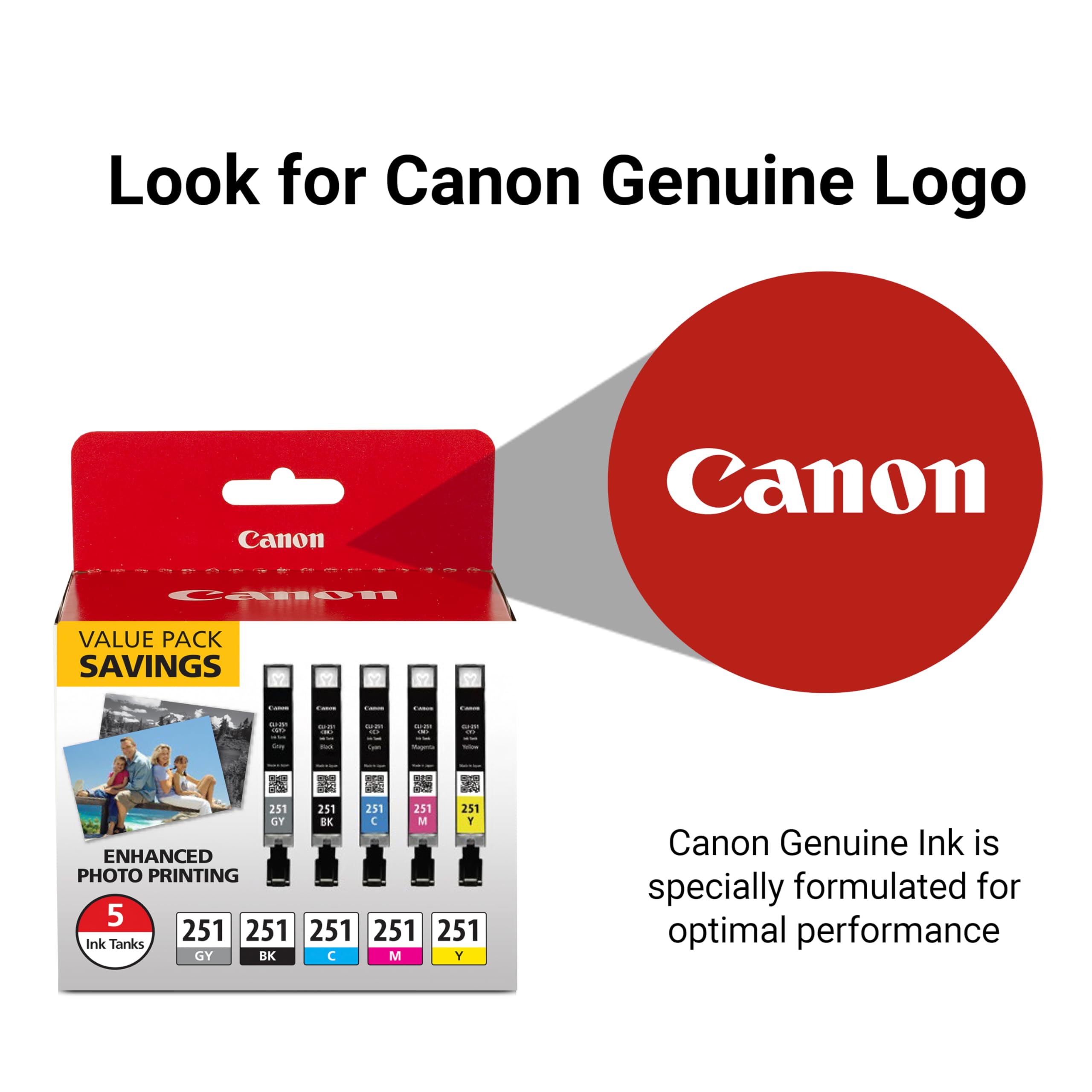 Canon CLI-251 BK/C/M/Y/GY 5 Color Value Pack Compatible to MG7520, MG5620, MG6620
