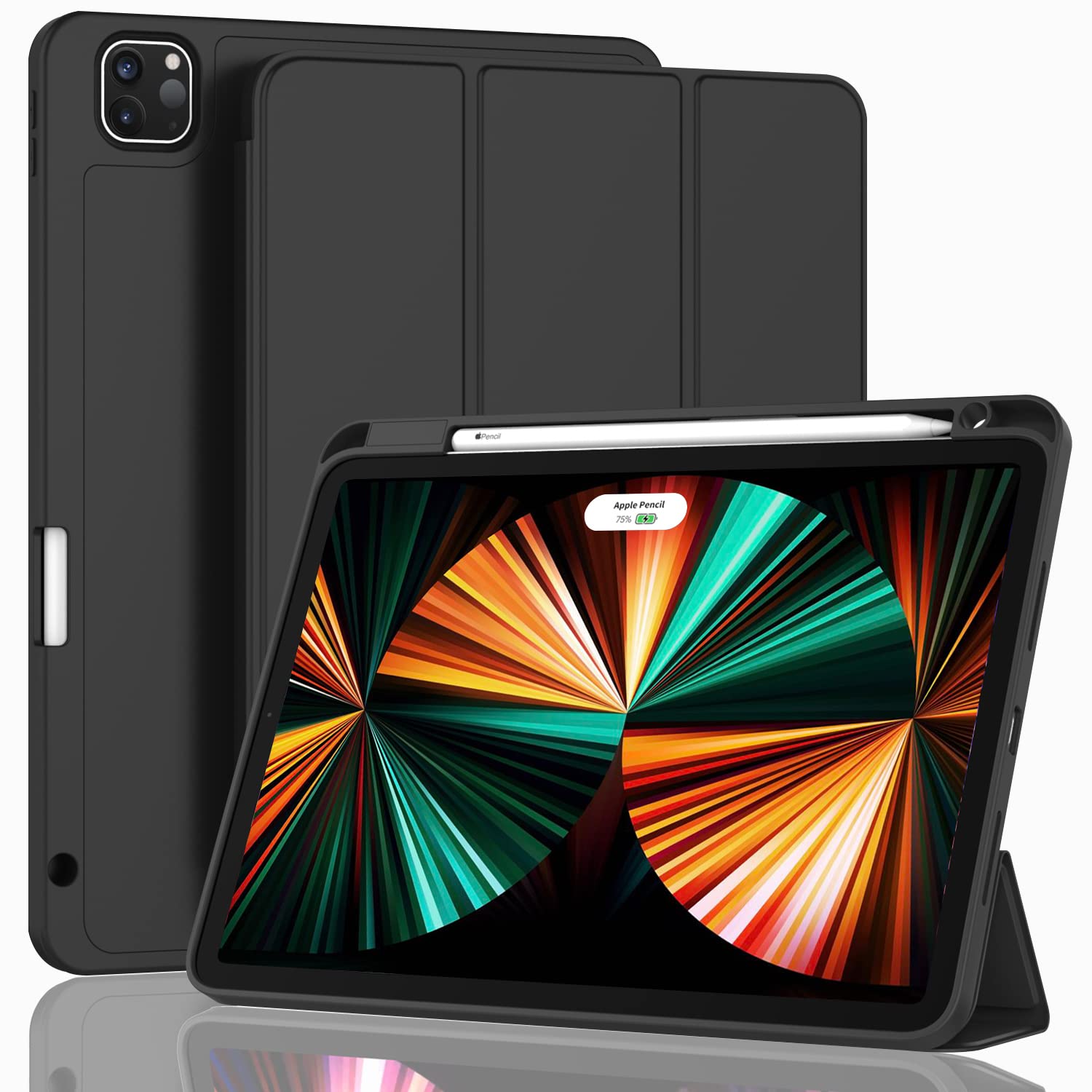 ZryXal New iPad Pro 12.9 Inch Case 2022/2021/2020(6th/5th/4th Gen) with Pencil Holder,Smart iPad Case [Support Touch ID and Auto Wake/Sleep] with Auto 2nd Gen Pencil Charging (Black)