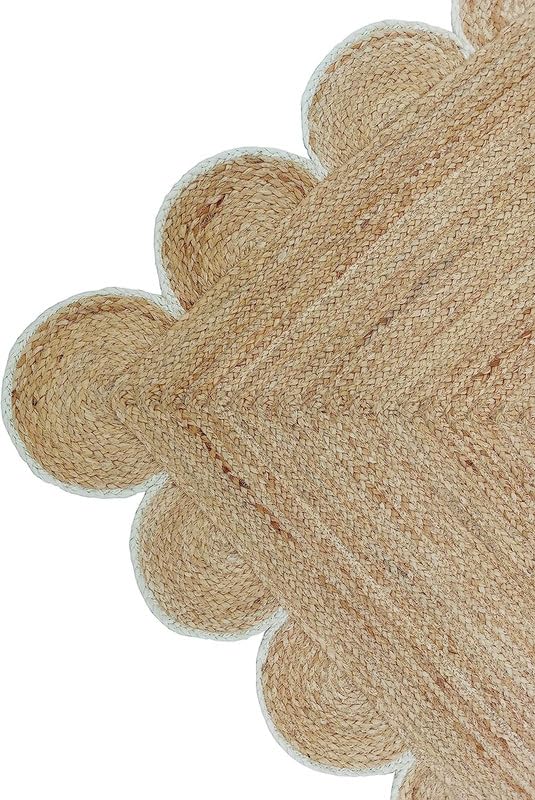 Generic Jute Scalloped Bohemian Area Rug (OFWHT)-(9x11) Off White 9x11 ft Rustic Geometric Handmade Indoor Stain Resistant Medium Pile Area Rug