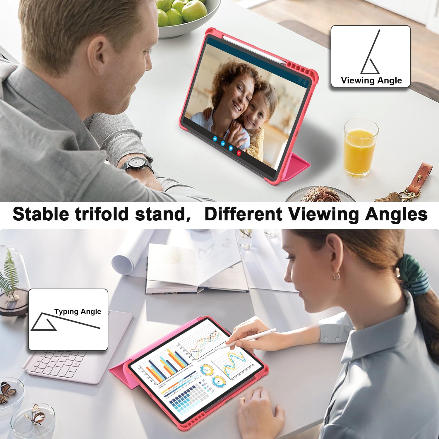 OKP for New iPad Pro 12.9 Case 6th/5th/4th/3rd Generation 2022/2021/2020/2018, 12.9 inch ipad Pro Case with Trifold Stand, 12.9'' Cover with Slim Lightweight Clear PC Back Shell for Women Men, Pink