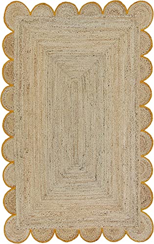 THE PIKKU INTERNATIONAL - Handmade Jute Rug Beige with Scallop Yellow Border Rectangle Hand Woven Farmhouse Jute Area Rug (7 x 11 ft)
