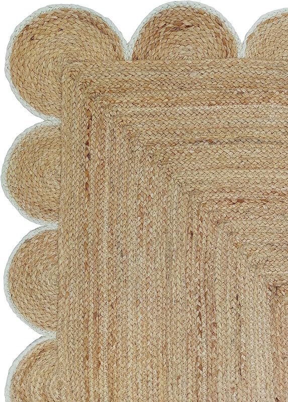 Generic Jute Scalloped Bohemian Area Rug (OFWHT)-(9x11) Off White 9x11 ft Rustic Geometric Handmade Indoor Stain Resistant Medium Pile Area Rug