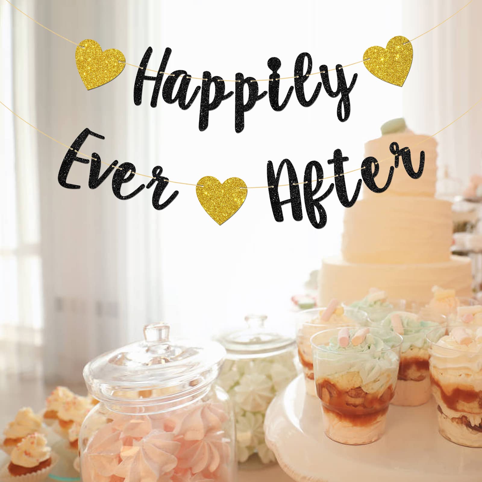Talorine Happily Ever After Banner, Bridal Shower, Engagement, Just Married, Wedding Party Decorations (Black Glitter)