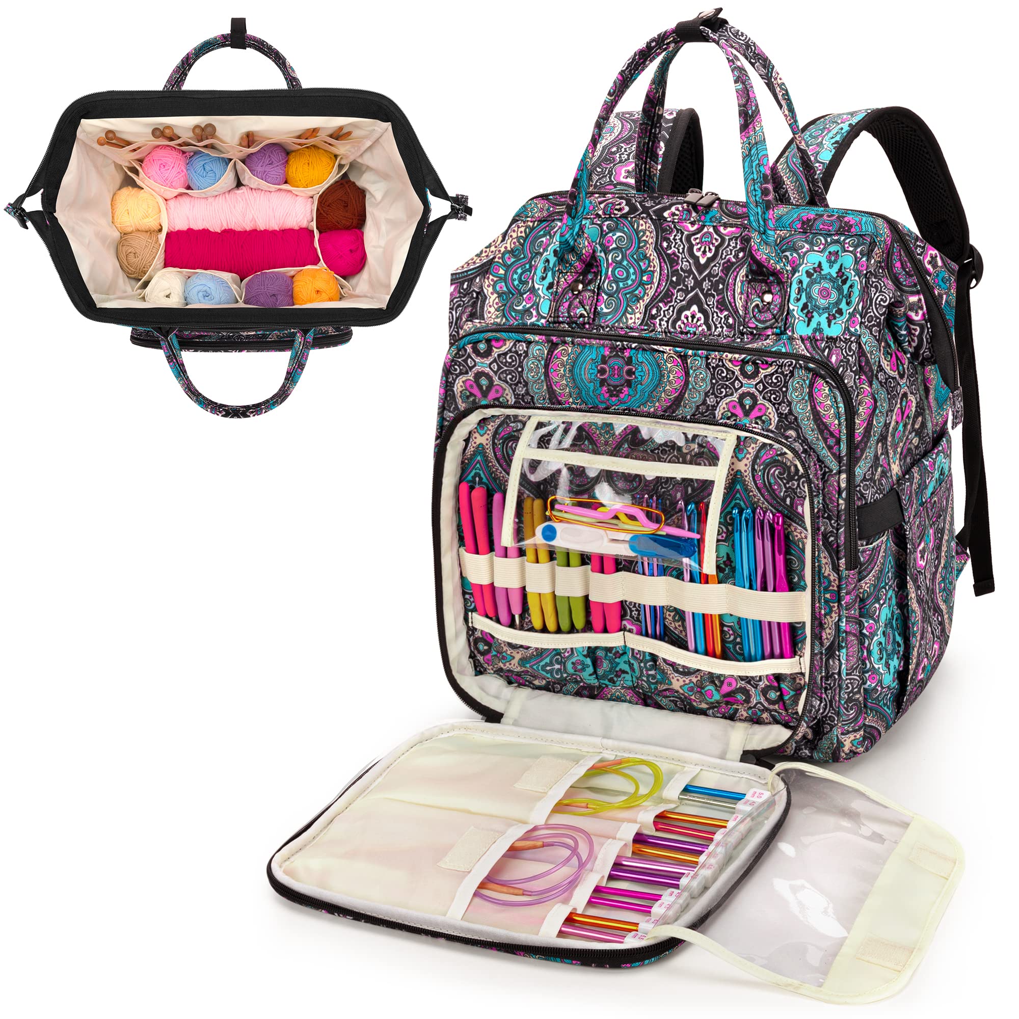 LoDrid Knitting Bag Backpack with Three Oversized Grommets, Travel Yarn Bag with Steel Frame Top, Crochet Organizer for Crochet Hooks, Knitting Needles, and Other Accessories, Totem, Bag Only