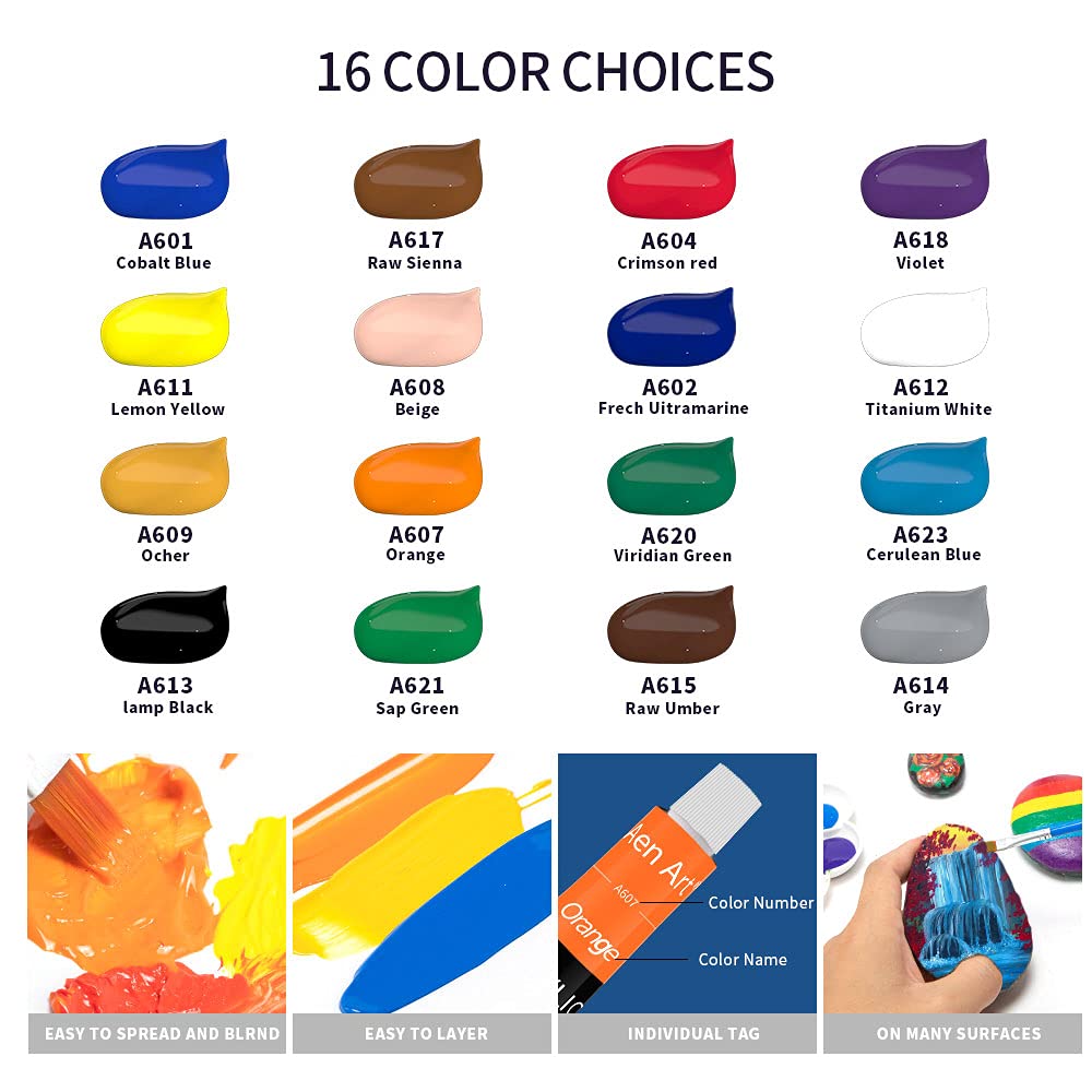 Acrylic Paint Set, Aen Art 16 Colors Painting Supplies for Canvas Wood Fabric Ceramic Crafts, Non Toxic&Rich Pigments for Beginners