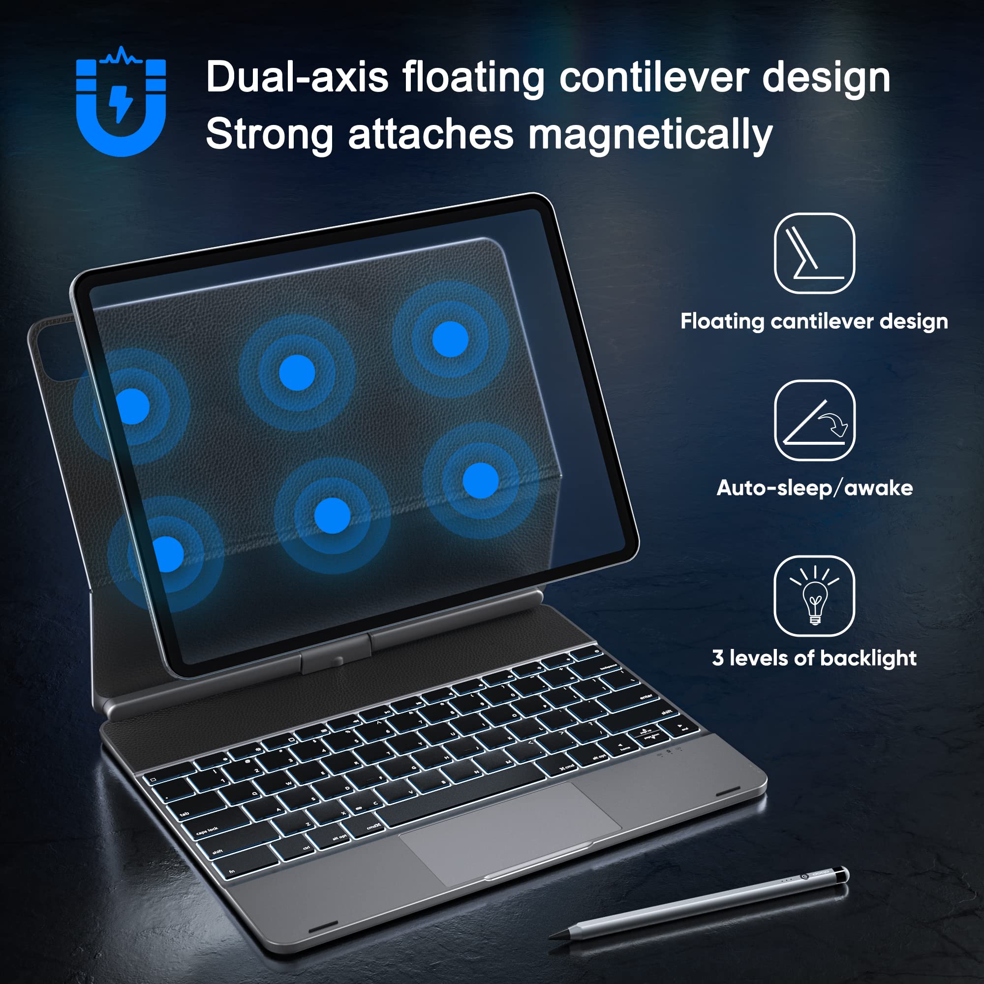 doqo Keyboard case for iPad Air 13 (M2) 2024 and iPad Pro 12.9(6th,5th,4th,3rd Gen), 360° Rotatable Magnetic Keyboard Cover with Multi-Trackpad,Aluminum Alloy Backlit Slim