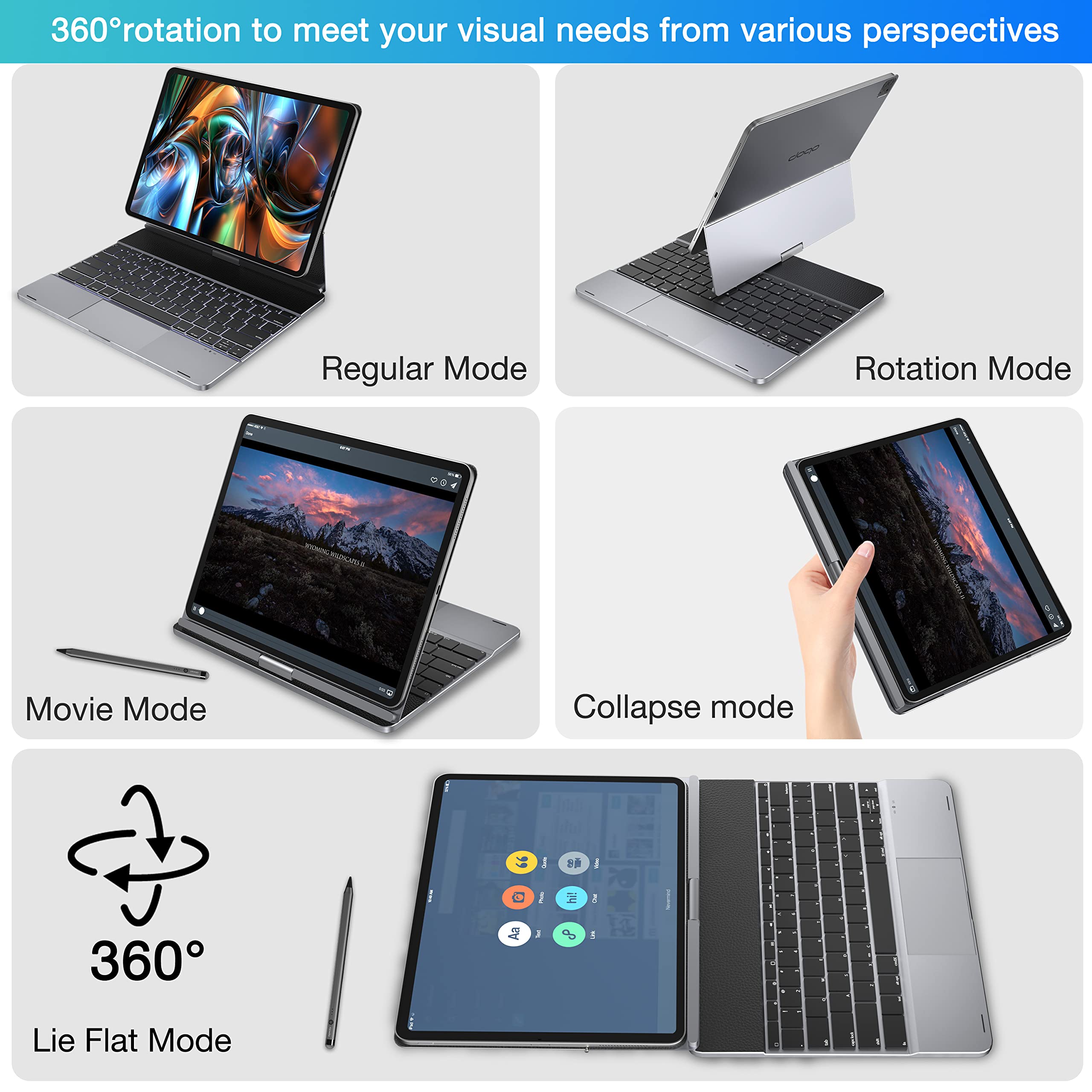 doqo Keyboard case for iPad Air 13 (M2) 2024 and iPad Pro 12.9(6th,5th,4th,3rd Gen), 360° Rotatable Magnetic Keyboard Cover with Multi-Trackpad,Aluminum Alloy Backlit Slim