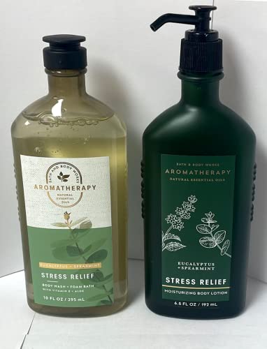 Body Works Aromatherapy Stress Relief Eucalyptus Spearmint 10 Oz Body Wash & Foam Bath and 6.5 Oz Body Lotion Bundle (Eucalyptus Spearmint)
