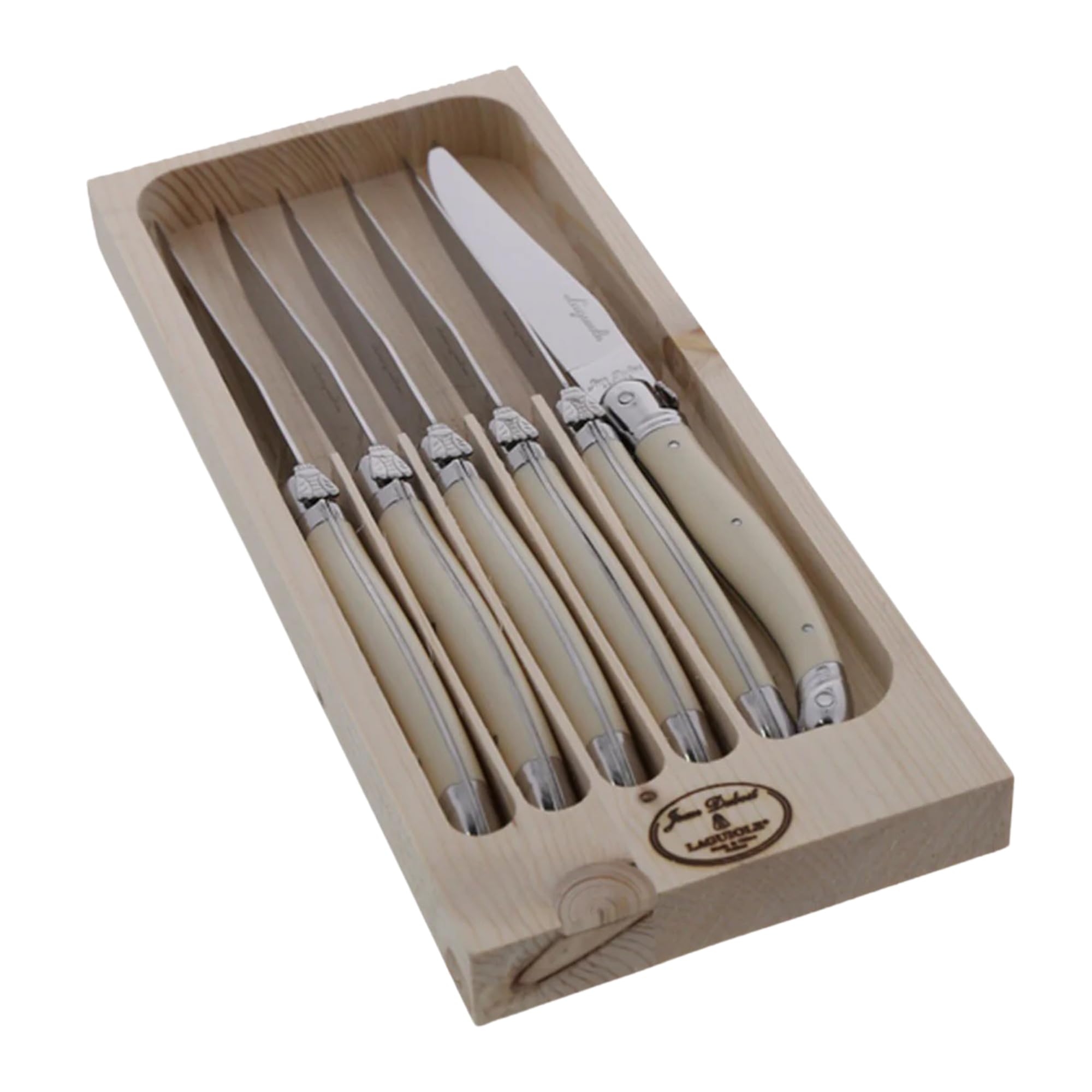 Laguiole Jean Dubost - 6 Steak Knives Set - Pearl Color - in 15/10 Stainless Steel - Serrated Blade