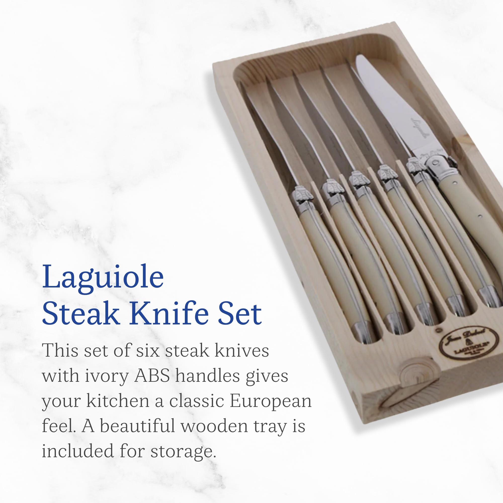 Laguiole Jean Dubost - 6 Steak Knives Set - Pearl Color - in 15/10 Stainless Steel - Serrated Blade