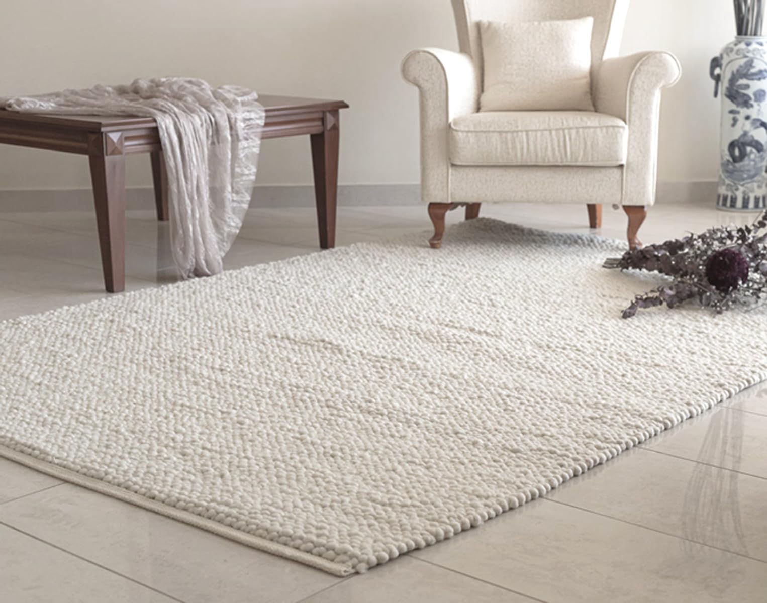 FLOKATI SHAG Stylish Berber Wool Jute Area Rug. Off White Ivory Color. 100% Natural Wool. Organic Wool Area Rug (8' x 10')