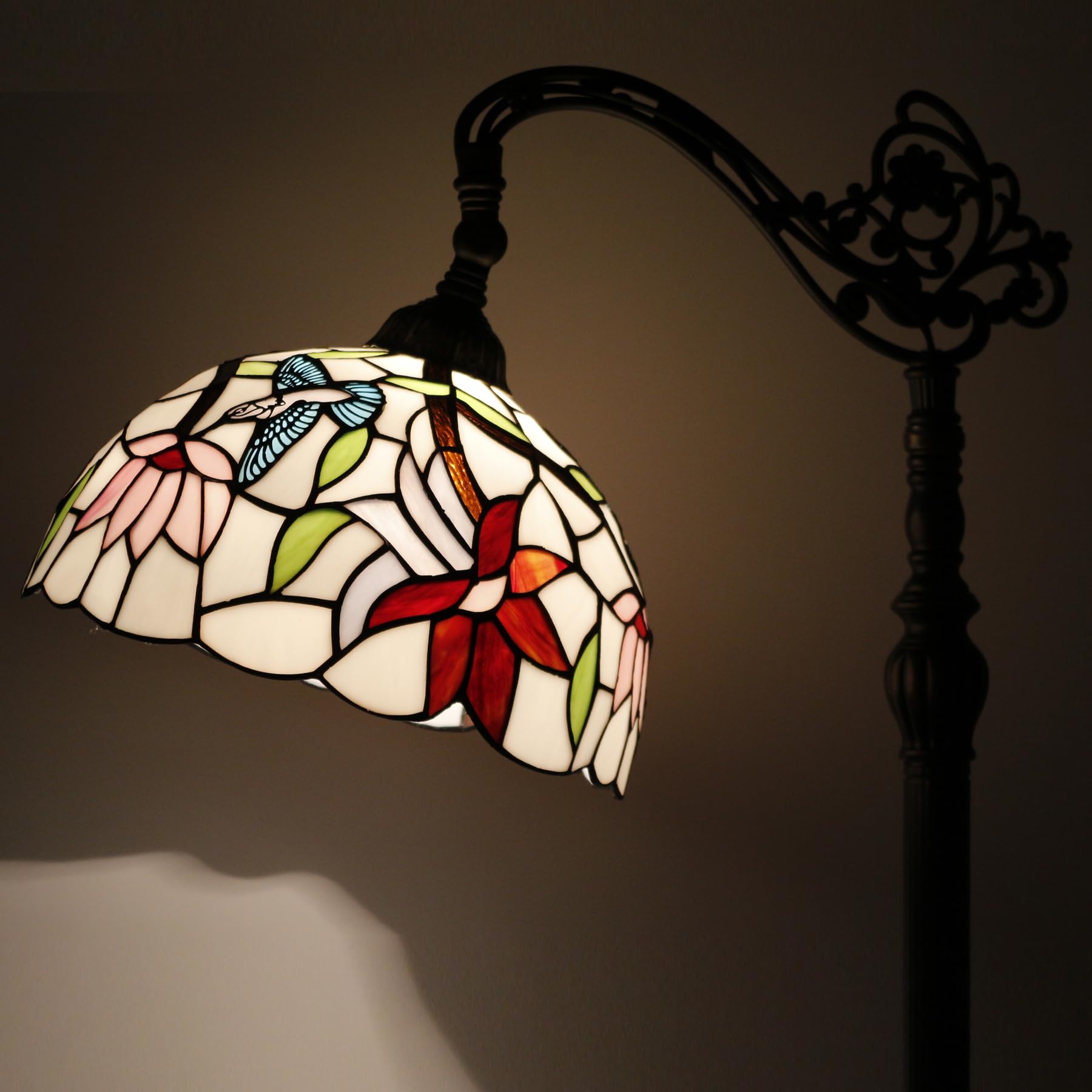 WERFACTORY Tiffany Floor Lamp Hummingbird Flower Stained Glass Arched Lamp 12X18X64 Inches Gooseneck Adjustable Corner Standing Reading Light Decor Bedroom Living Room S801 Series