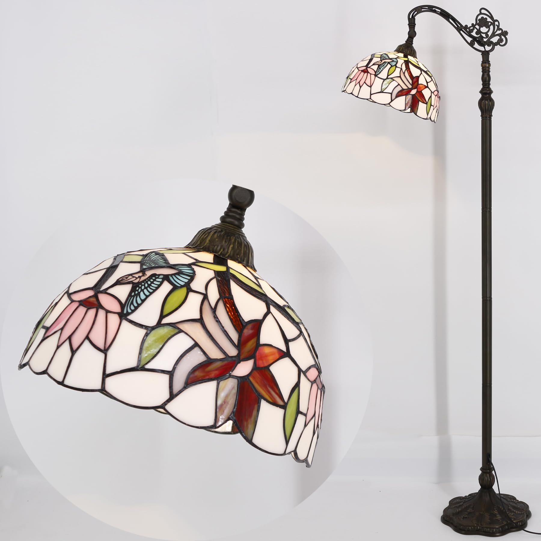 WERFACTORY Tiffany Floor Lamp Hummingbird Flower Stained Glass Arched Lamp 12X18X64 Inches Gooseneck Adjustable Corner Standing Reading Light Decor Bedroom Living Room S801 Series