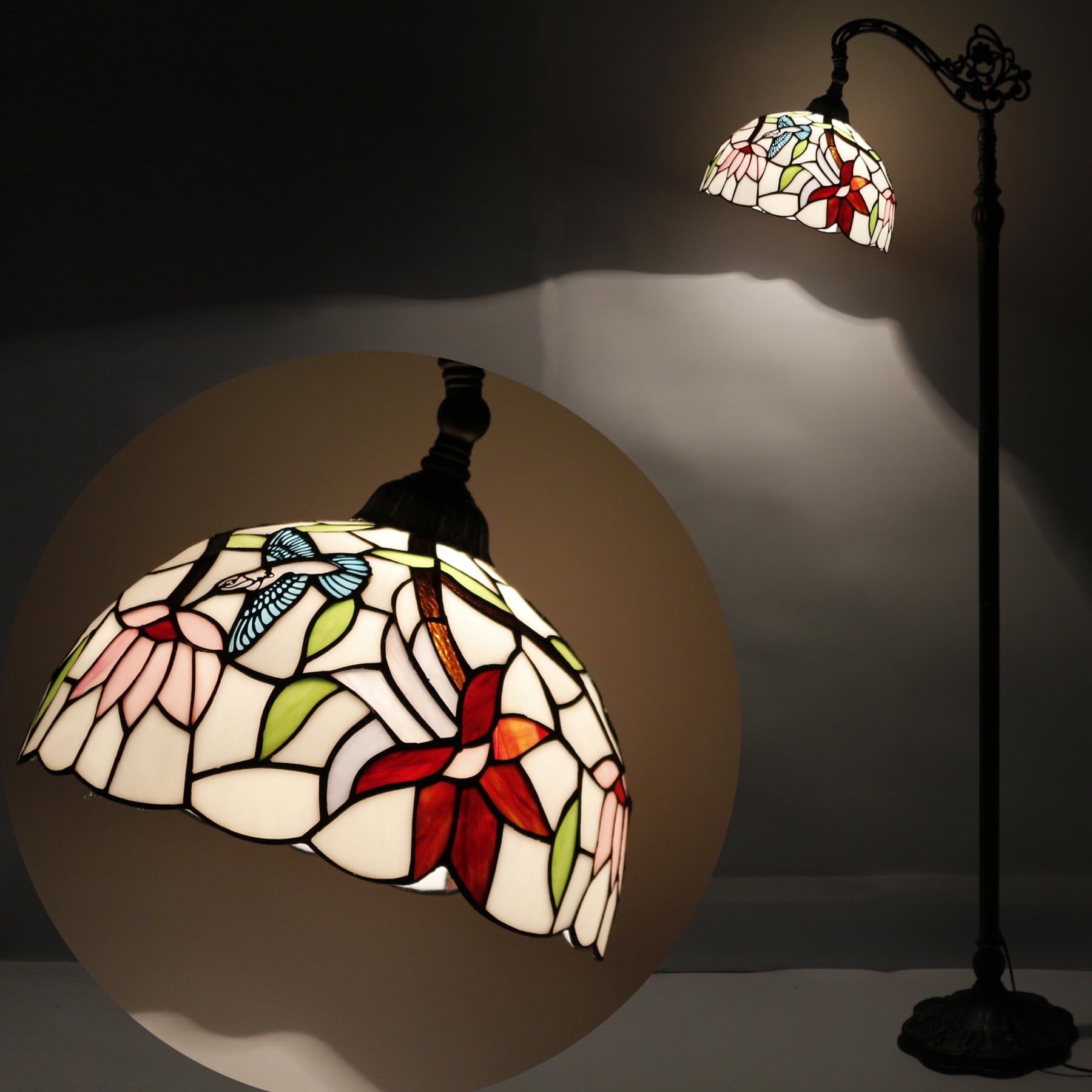 WERFACTORY Tiffany Floor Lamp Hummingbird Flower Stained Glass Arched Lamp 12X18X64 Inches Gooseneck Adjustable Corner Standing Reading Light Decor Bedroom Living Room S801 Series