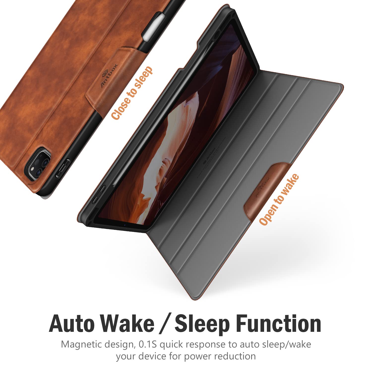 Antbox Case for iPad Pro 12.9'' 6th Generation (2022) 5th/4th Generation (2021/2020), Built-in Pencil Holder Auto Sleep/Wake Function PU Leather Smart Cover (Brown)