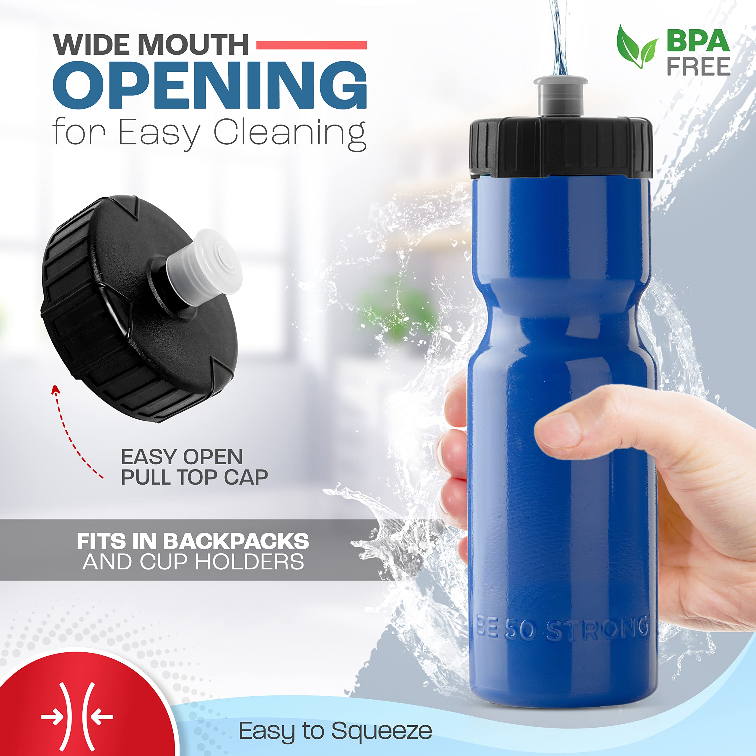 50 Strong Bulk Water Bottles 24-Pack – 22 oz BPA-Free Sports Bottles with Easy-Open Pull Top Cap – Made in USA – Reusable & Top Rack Dishwasher Safe Brand