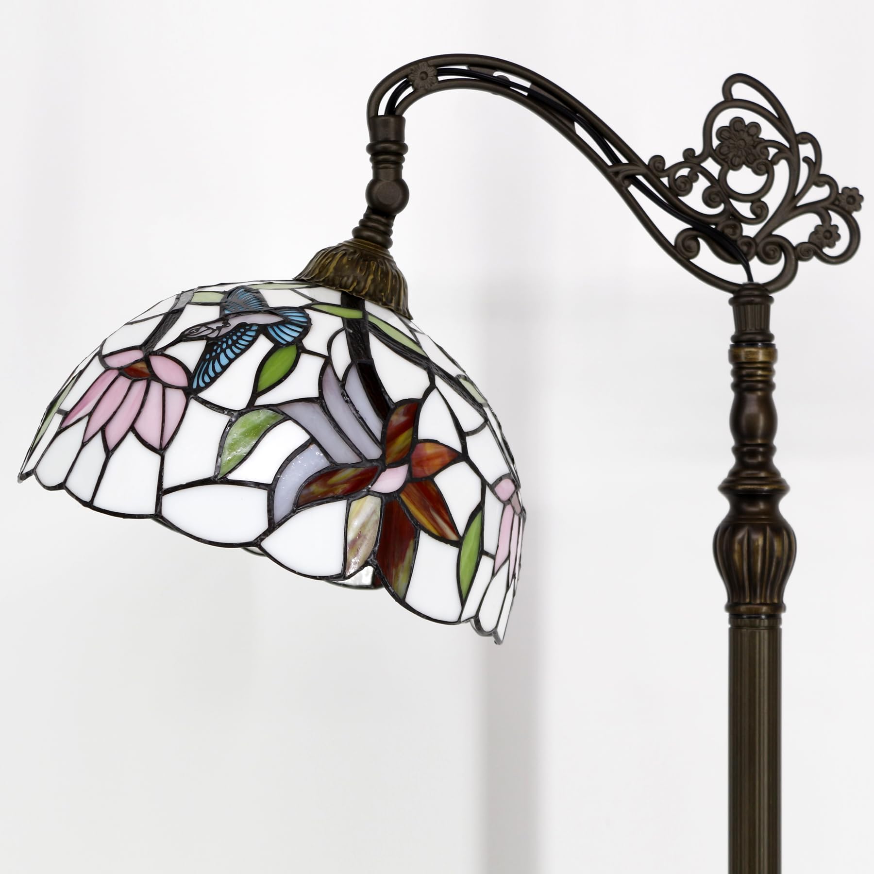 WERFACTORY Tiffany Floor Lamp Hummingbird Flower Stained Glass Arched Lamp 12X18X64 Inches Gooseneck Adjustable Corner Standing Reading Light Decor Bedroom Living Room S801 Series