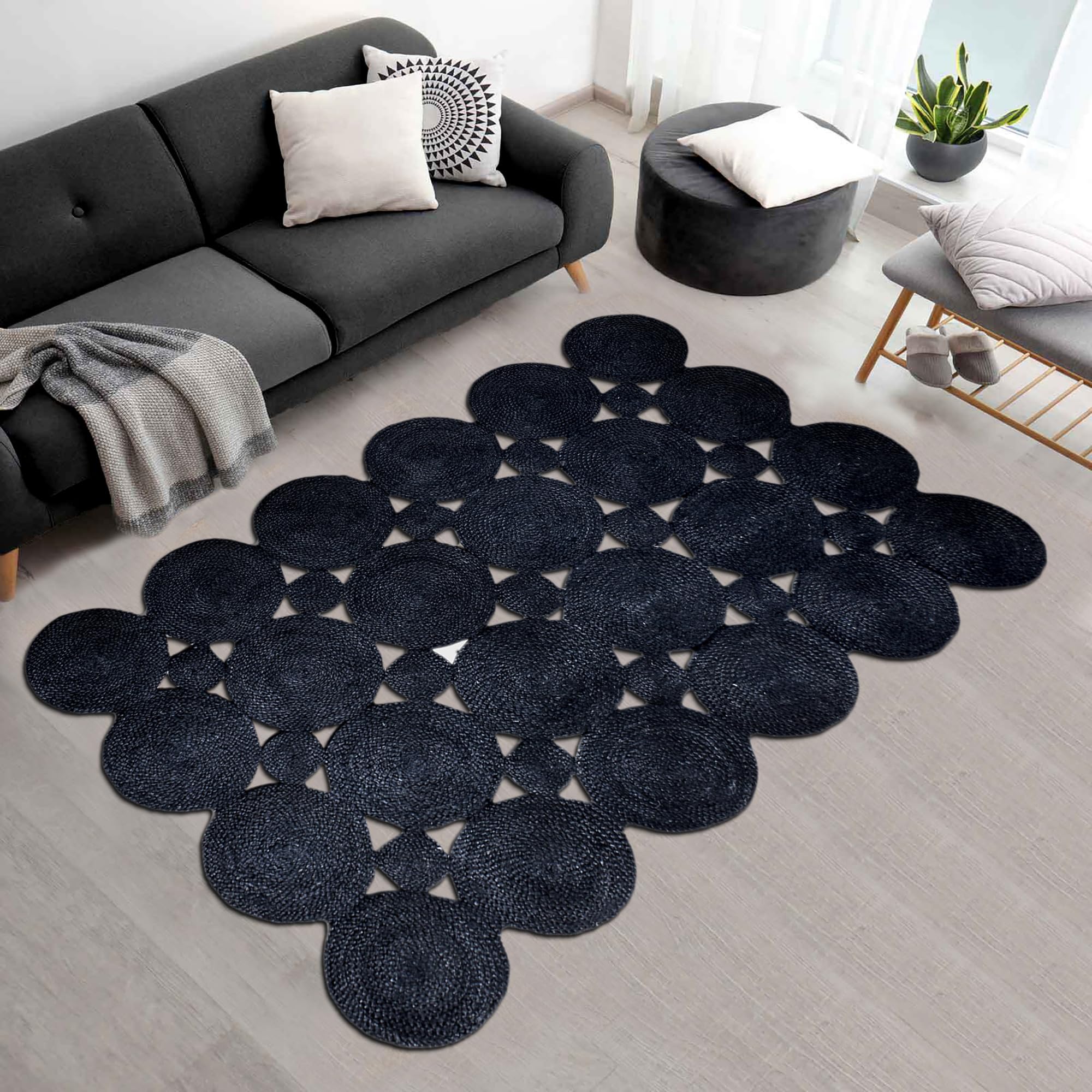 Braided Scalloped Area Rug, Natural Jute Kilim Rugs - 10x8 Ft Medium Flatweave Woven Carpet Dhurrie for Indoor Use Like Living Room Kitchen Entryway Dining Room Bedroom (Black)