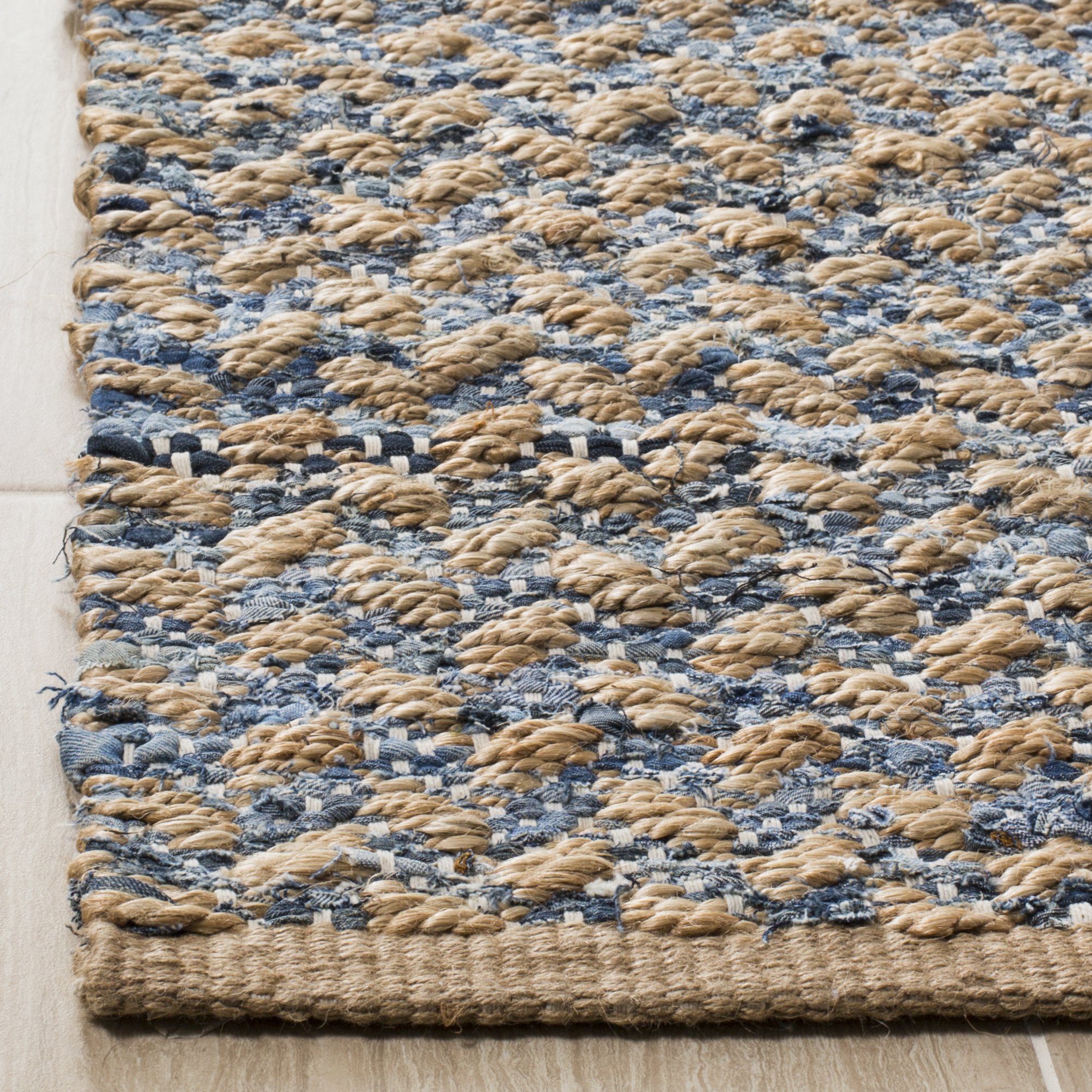 SAFAVIEH Cape Cod Collection Area Rug - 8' x 10', Blue & Natural, Handmade Boho Braided Jute, Ideal for High Traffic Areas in Living Room, Bedroom (CAP305M)
