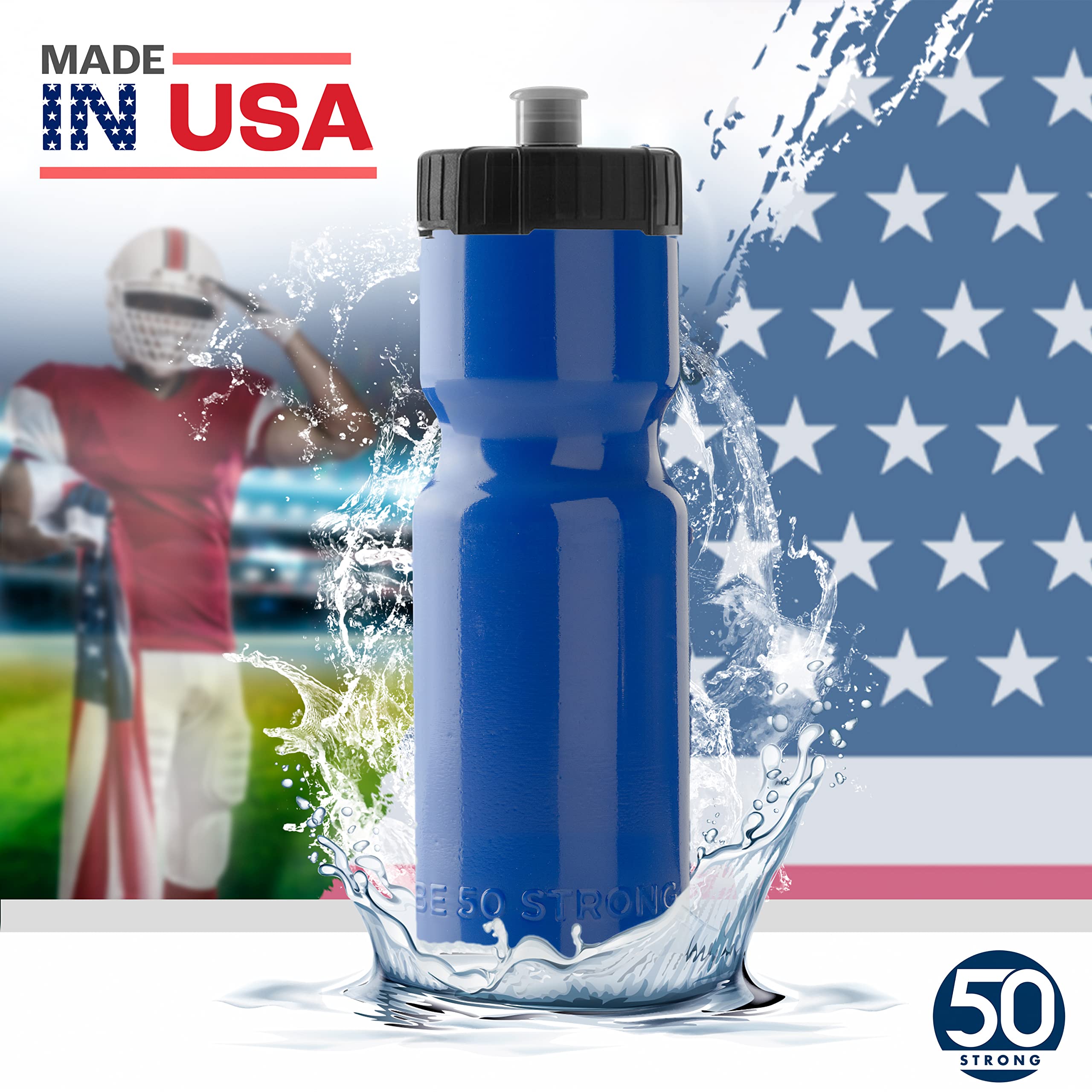 50 Strong Bulk Water Bottles 24-Pack – 22 oz BPA-Free Sports Bottles with Easy-Open Pull Top Cap – Made in USA – Reusable & Top Rack Dishwasher Safe Brand