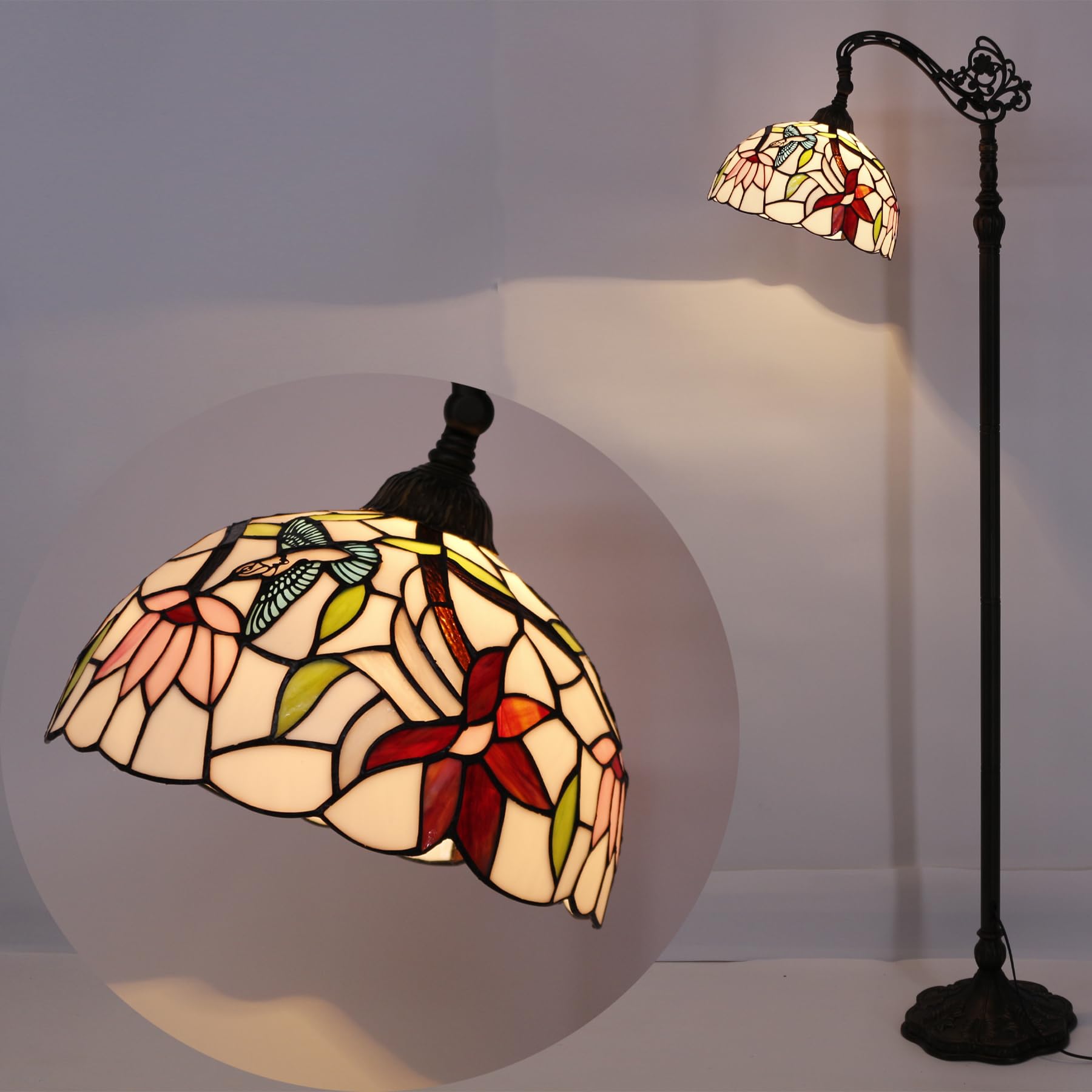 WERFACTORY Tiffany Floor Lamp Hummingbird Flower Stained Glass Arched Lamp 12X18X64 Inches Gooseneck Adjustable Corner Standing Reading Light Decor Bedroom Living Room S801 Series
